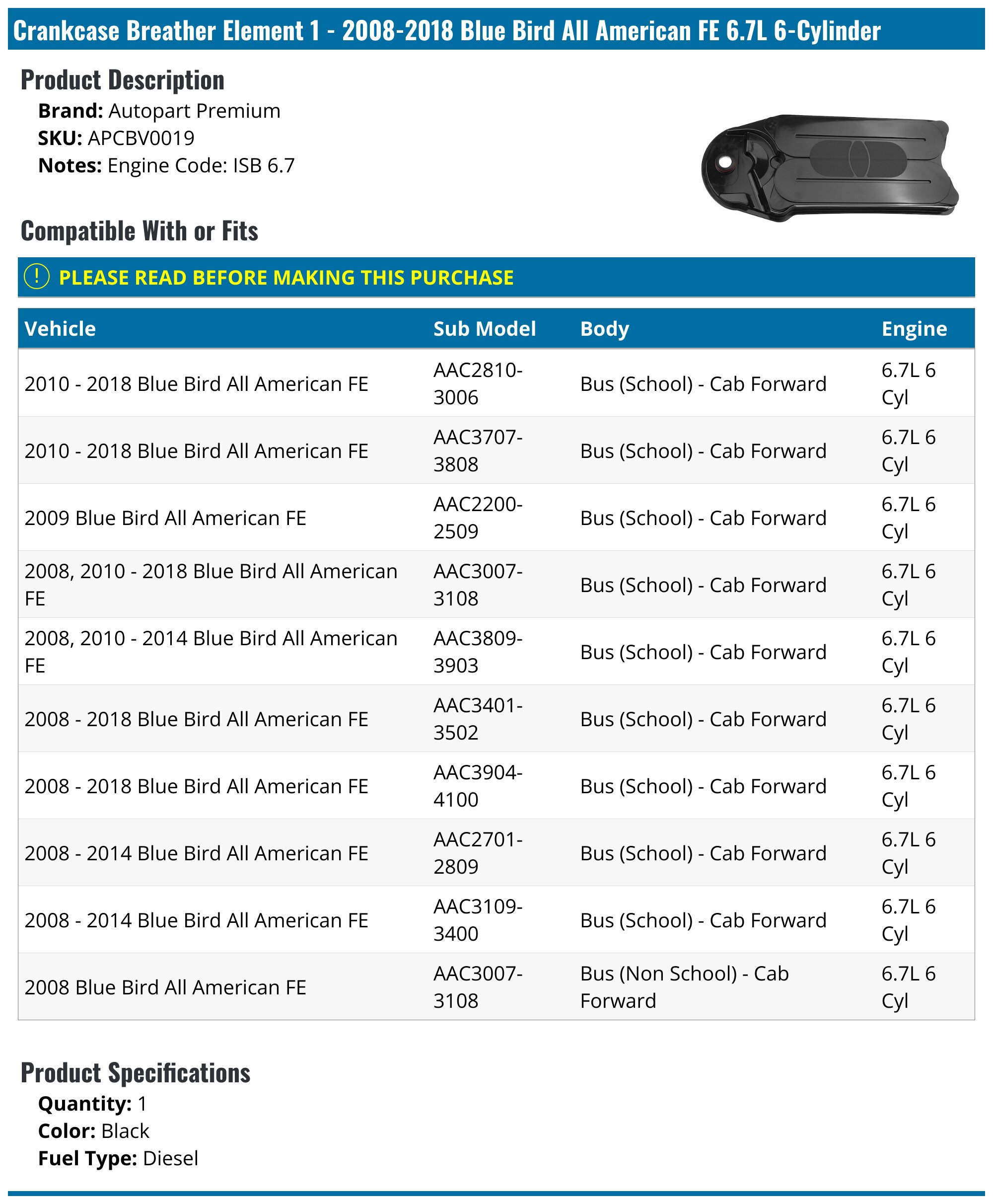 2008-2018 Blue Bird All American FE Crankcase Breather Element ...