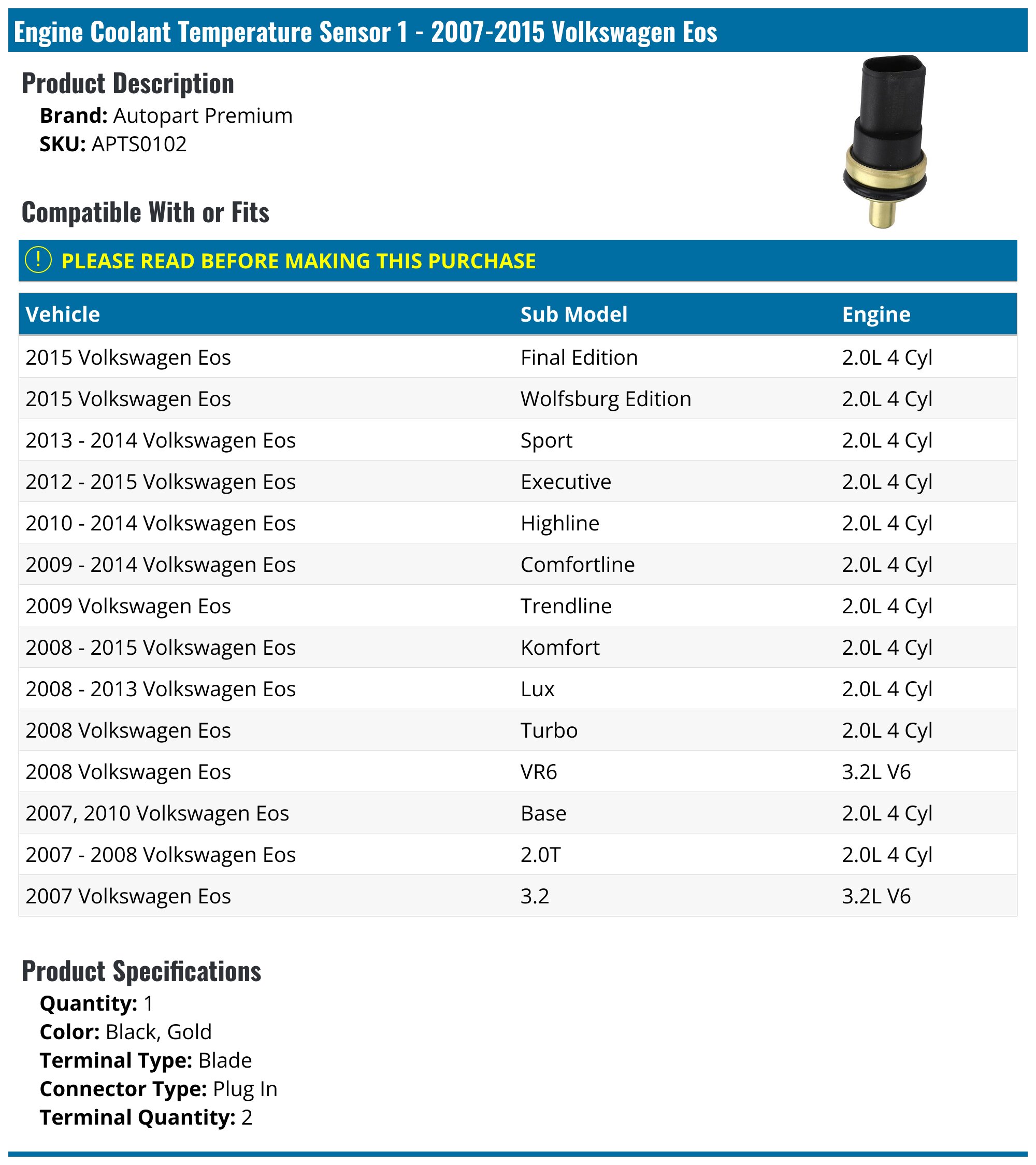 2007-2015 Volkswagen Eos Engine Coolant Temperature Sensor - Autopart ...