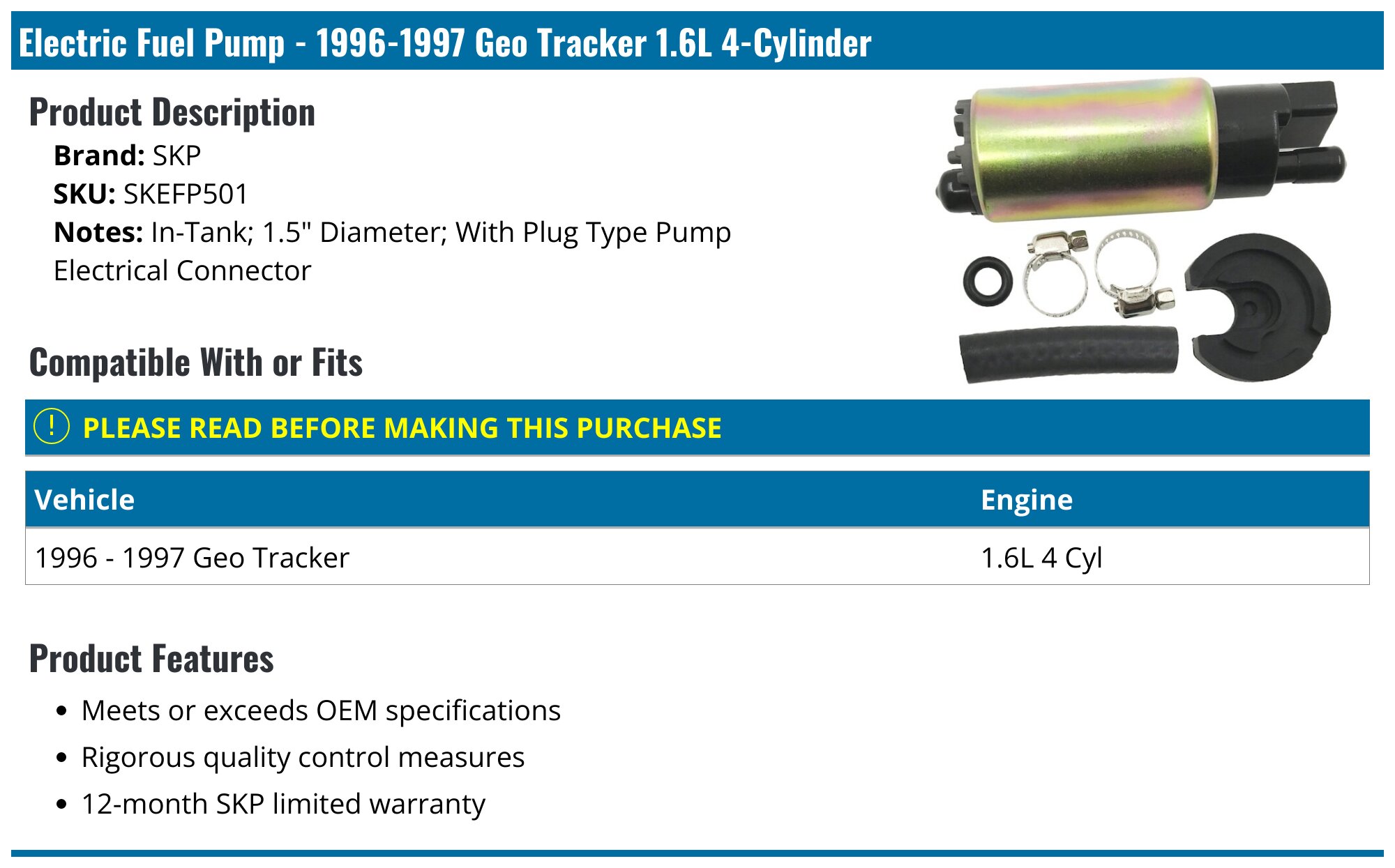 1996-1997 Geo Tracker Fuel Pump - SKP SKEFP501 - PartsGeek.com