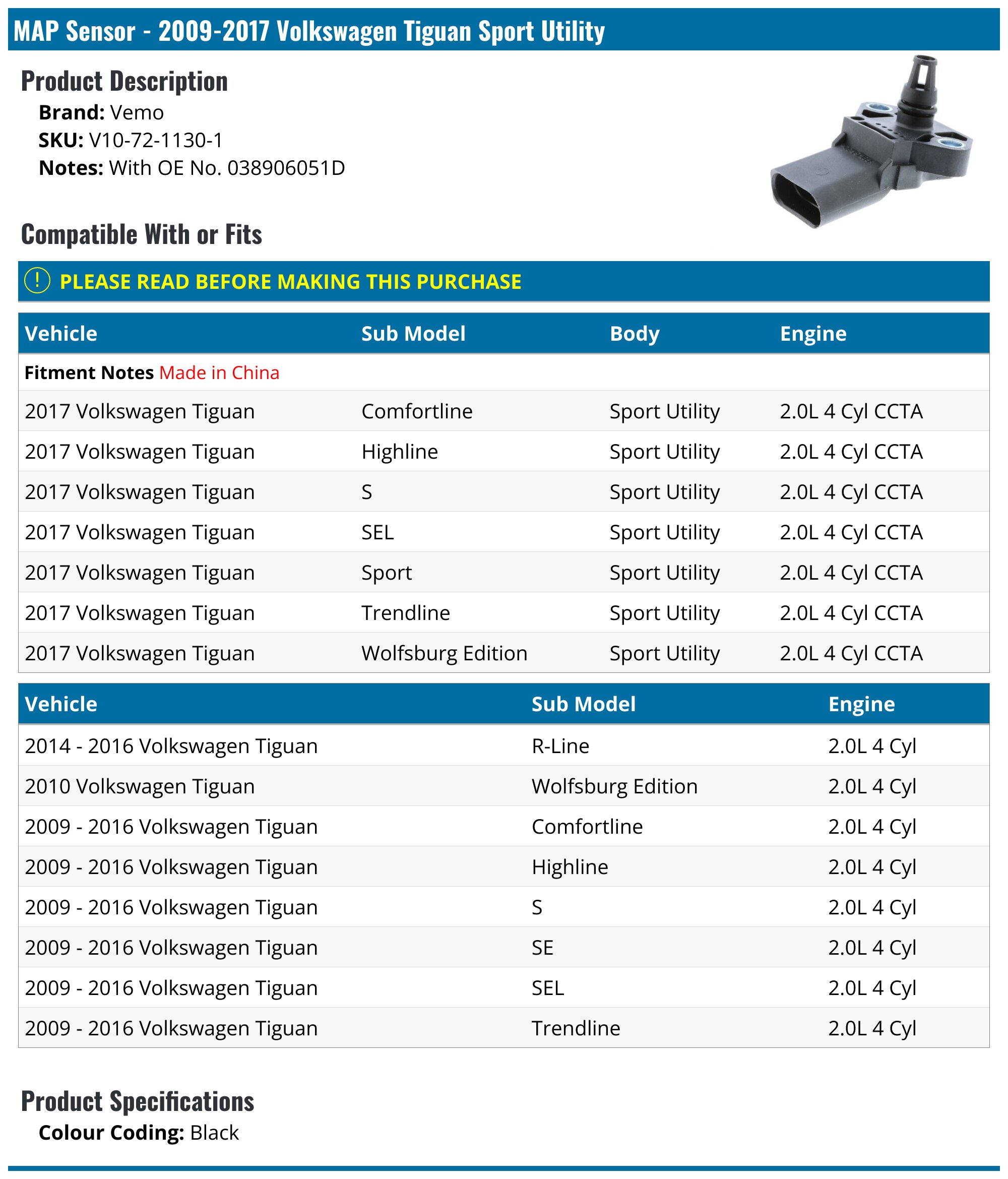 2009-2017 Volkswagen Tiguan MAP Sensor - Vemo V10-72-1130-1 - PartsGeek.com