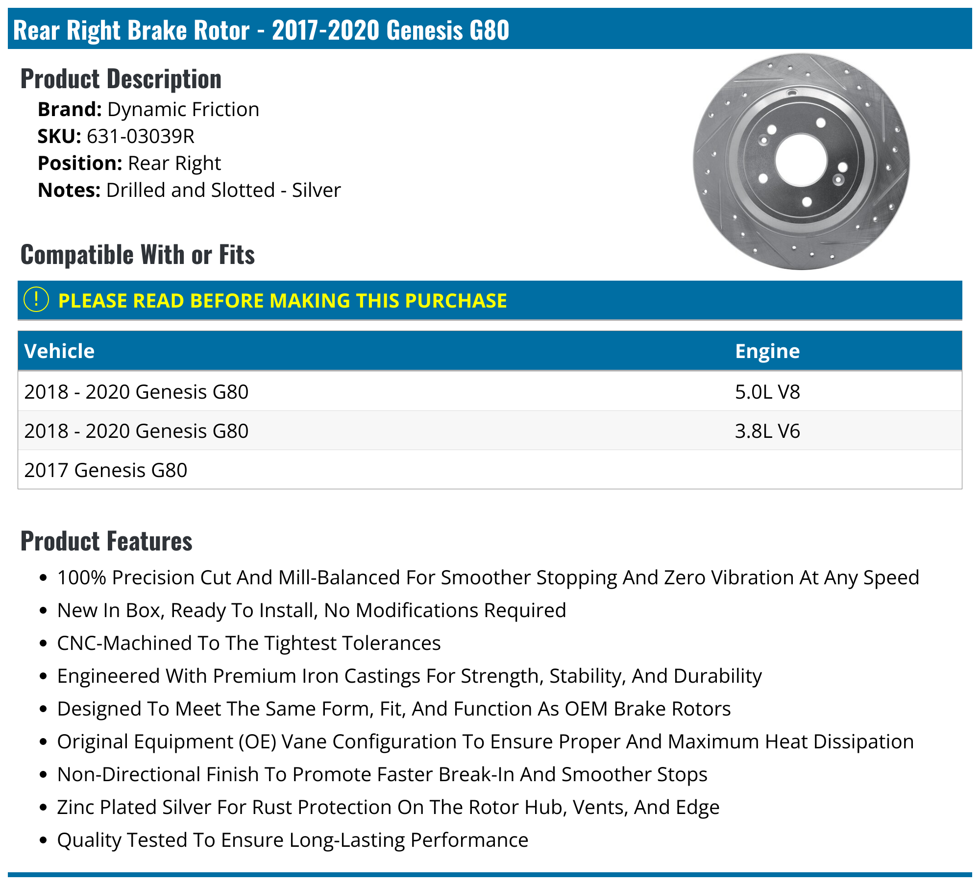 2017-2020 Genesis G80 Brake Rotor - Dynamic Friction 631-03039R - Rear ...