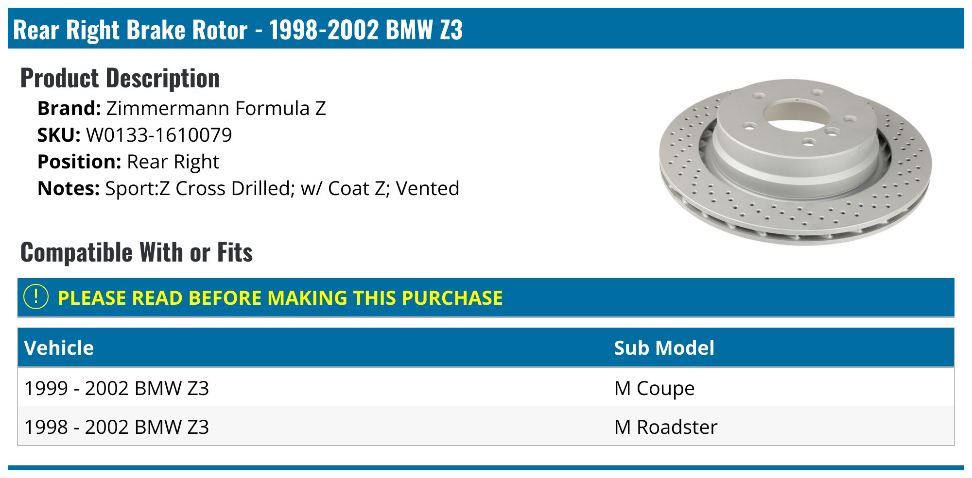 1998-2002 BMW Z3 Brake Rotor - Zimmermann Formula Z W0133-1610079 ...