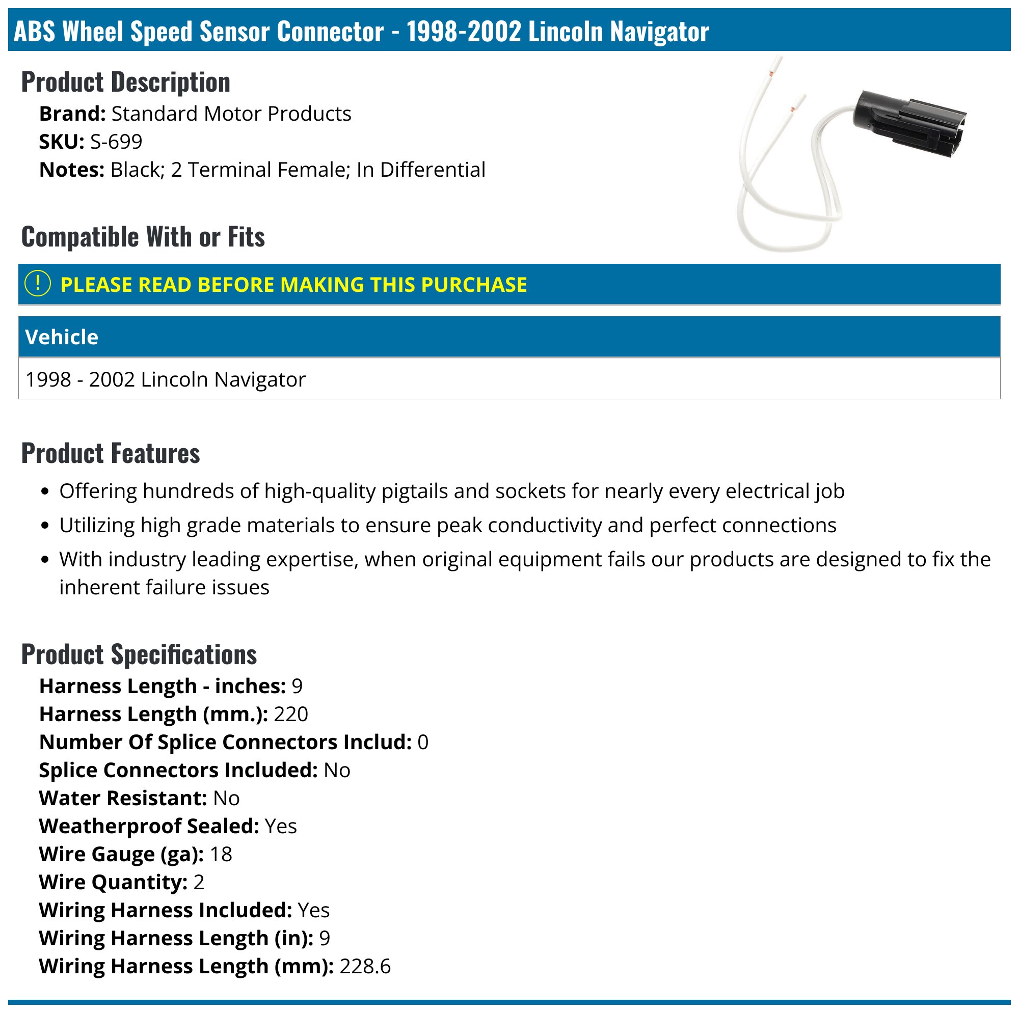 1998-2002 Lincoln Navigator ABS Wheel Speed Sensor Connector - Standard ...
