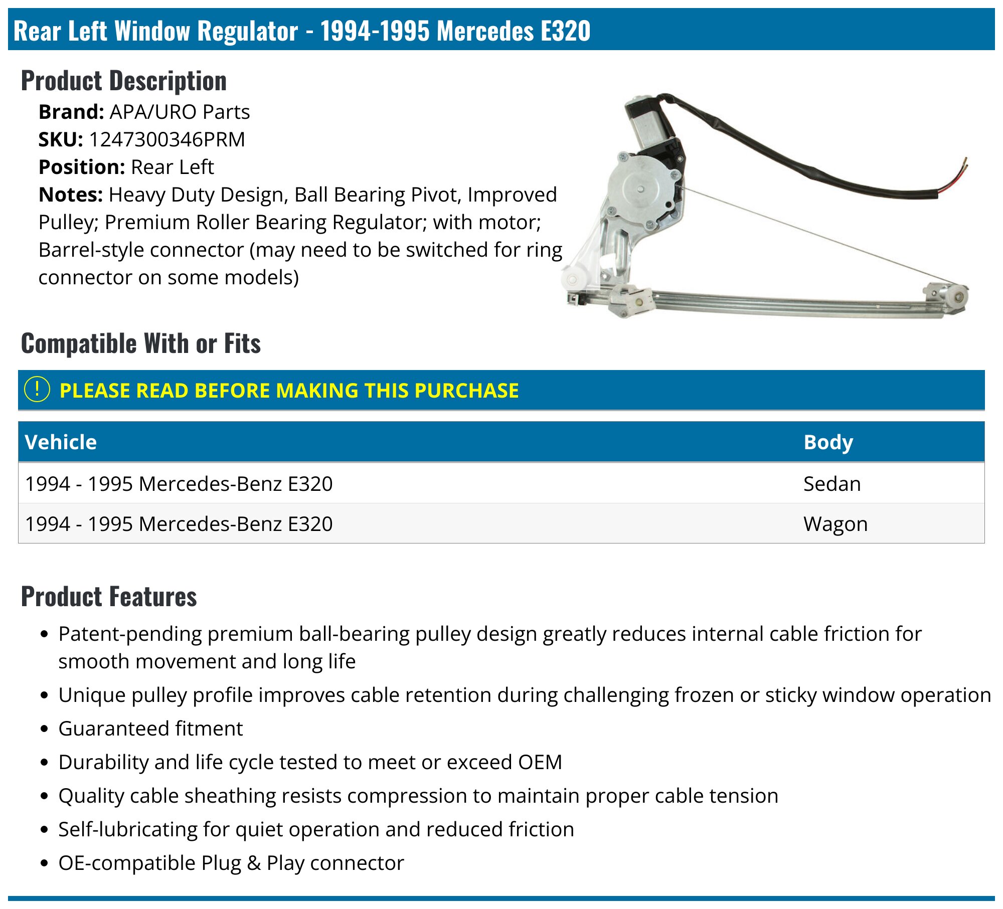 1994-1995 Mercedes E320 Window Regulator - APA/URO Parts 1247300346PRM ...