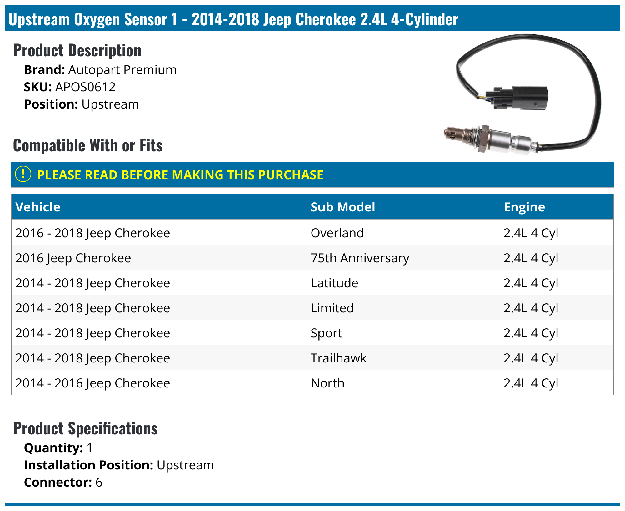 2014-2018 Jeep Cherokee Oxygen Sensor - Autopart Premium APOS0612 ...