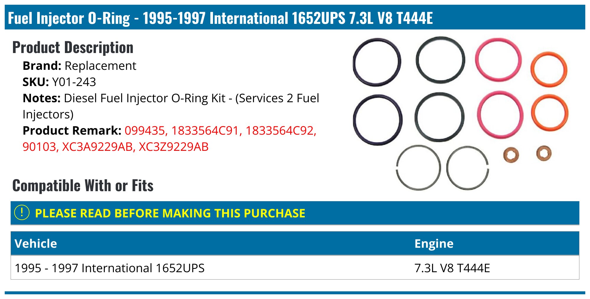 1995-1997 International 1652UPS Fuel Injector O-Ring - Replacement Y01 ...