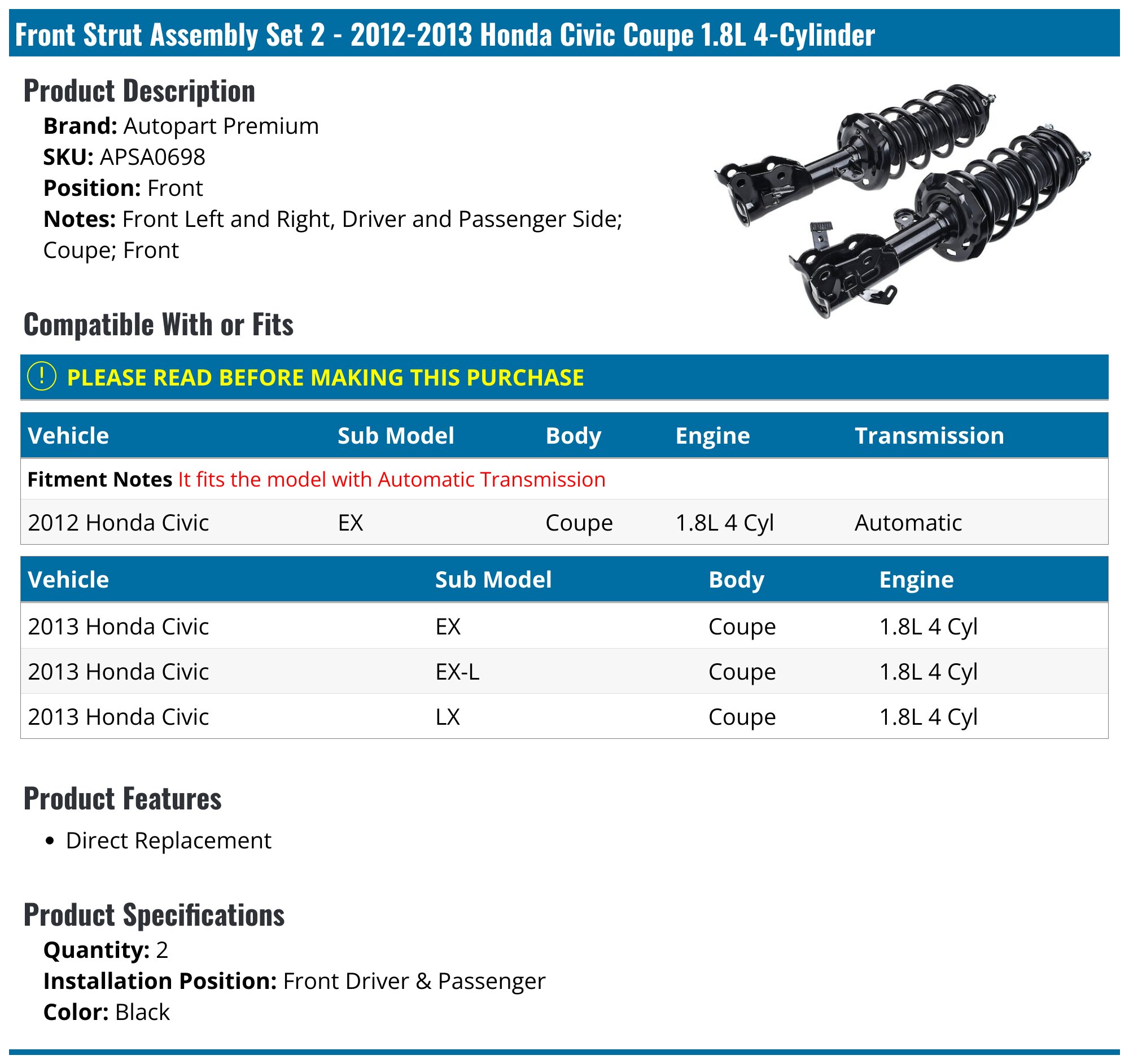 2012-2013 Honda Civic Strut Assembly - Autopart Premium APSA0698 ...