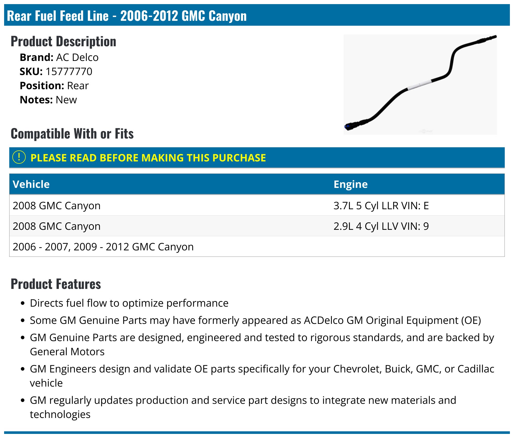 2006-2012 GMC Canyon Fuel Feed Line - AC Delco 15777770 - Rear ...