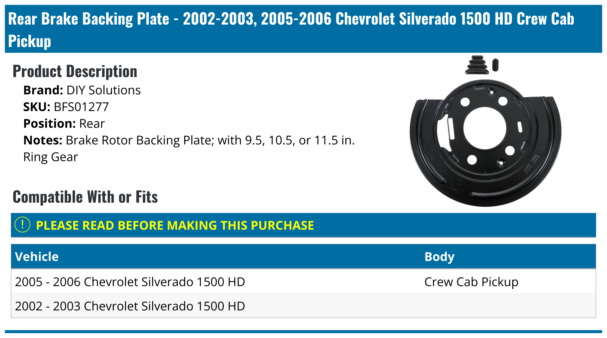 2002-2003, 2005-2006 Chevrolet Silverado 1500 HD Brake Backing Plate ...