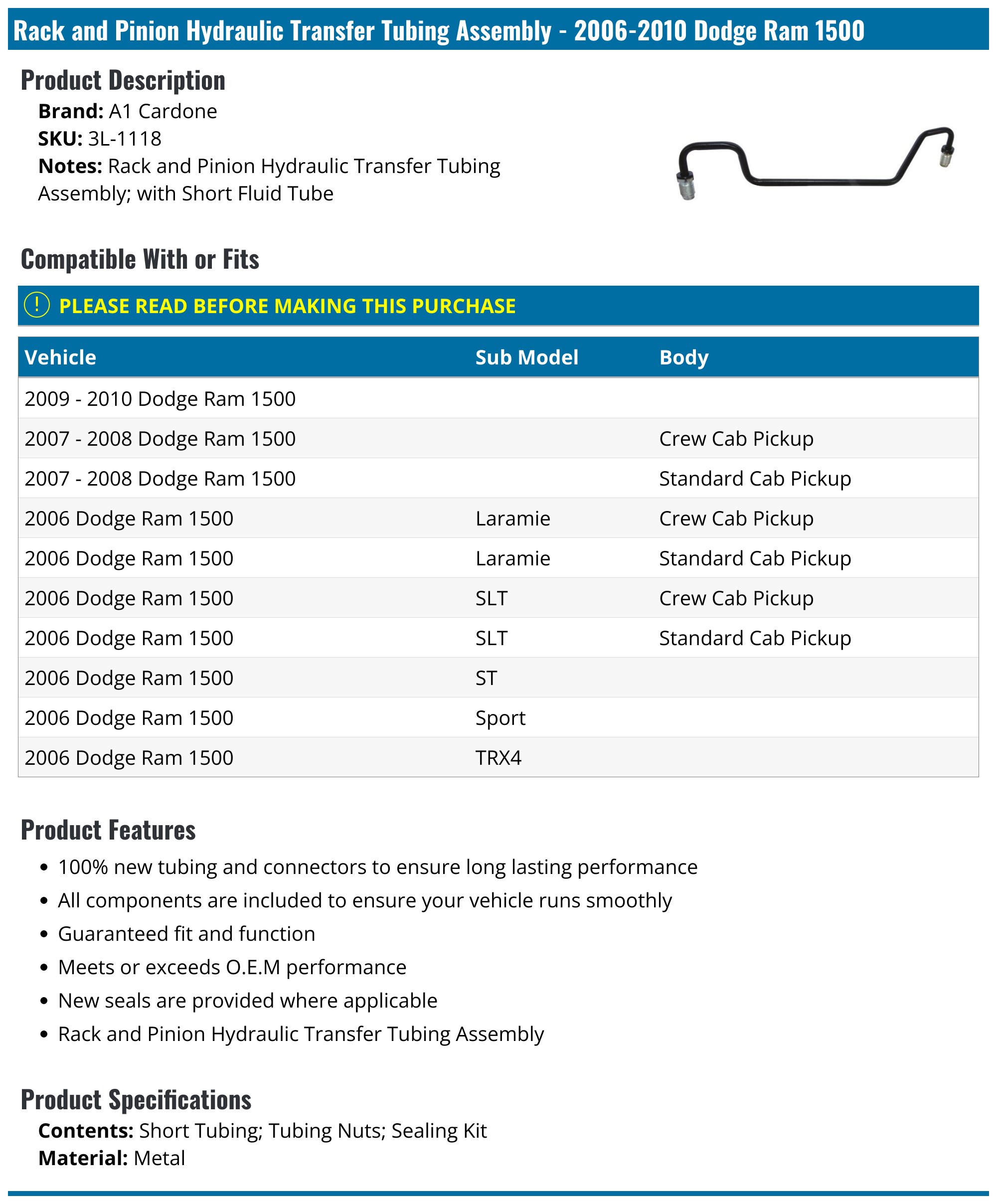 2006-2010 Dodge Ram 1500 Rack and Pinion Hydraulic Transfer Tubing ...