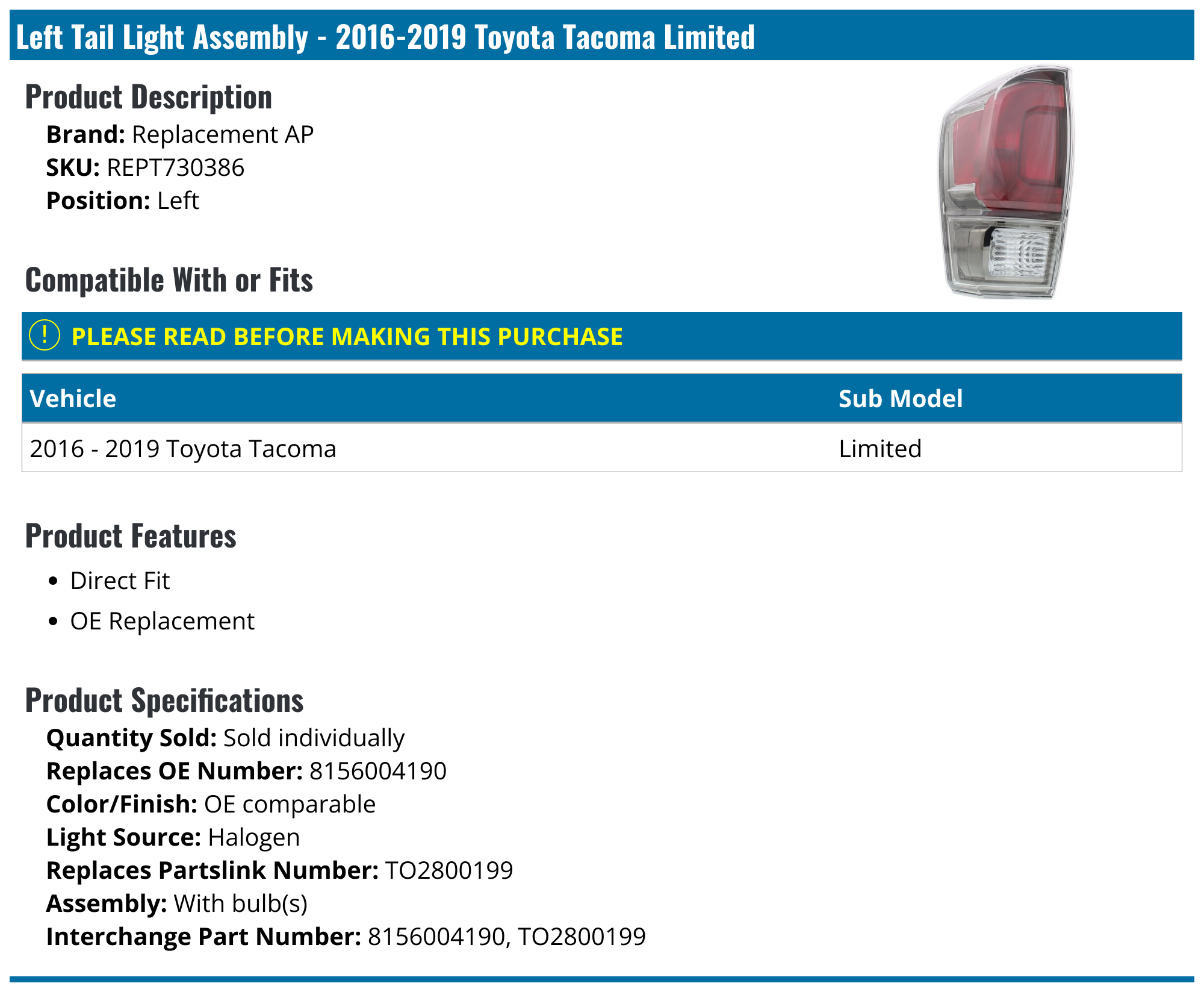 2016-2019 Toyota Tacoma Tail Light Assembly - Replacement AP REPT730386 ...