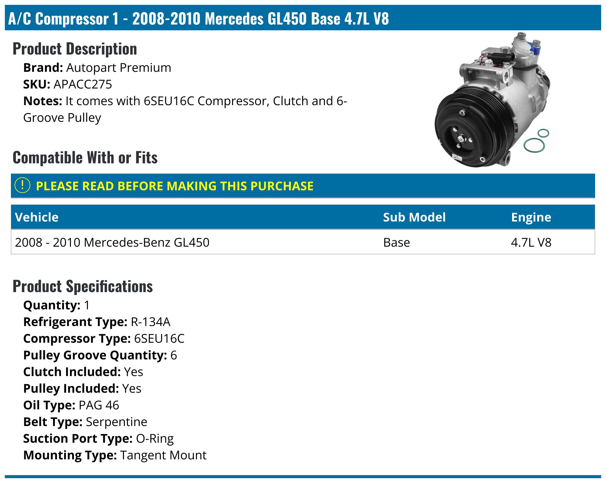 2008-2010 Mercedes GL450 A/C Compressor - Autopart Premium APACC275 ...