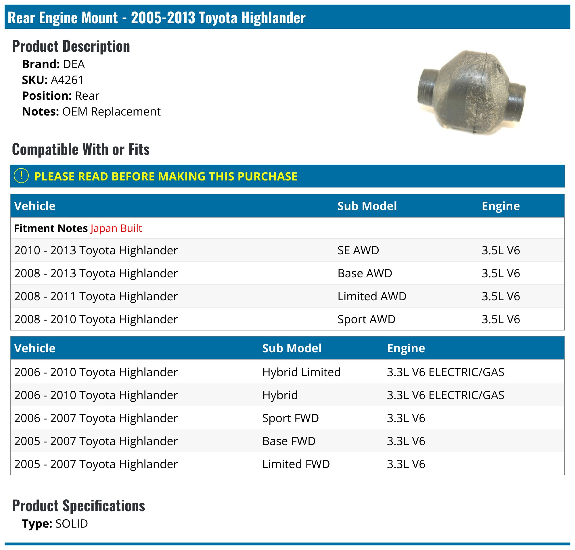 2005-2013 Toyota Highlander Engine Mount - DEA A4261 - Rear - PartsGeek.com