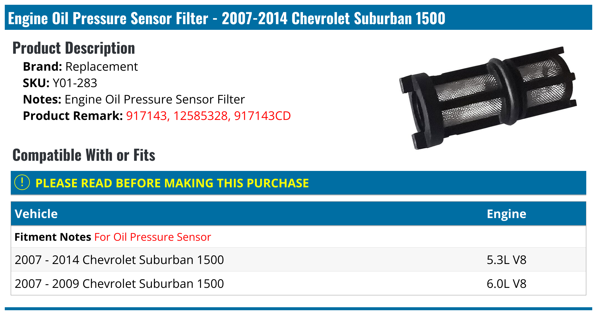 2007-2014 Chevrolet Suburban 1500 Engine Oil Pressure Sensor Filter ...