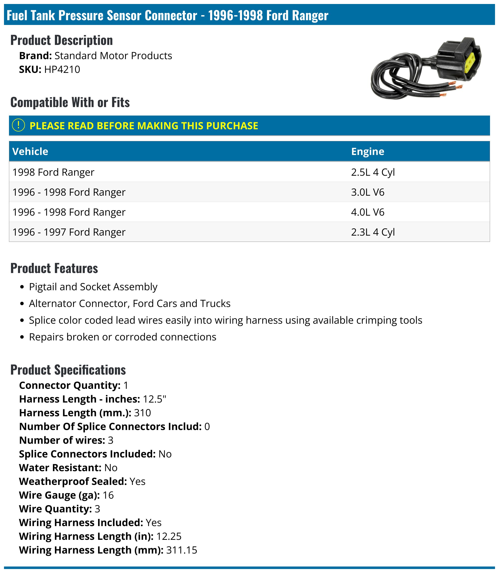 1996-1998 Ford Ranger Fuel Tank Pressure Sensor Connector - Standard ...
