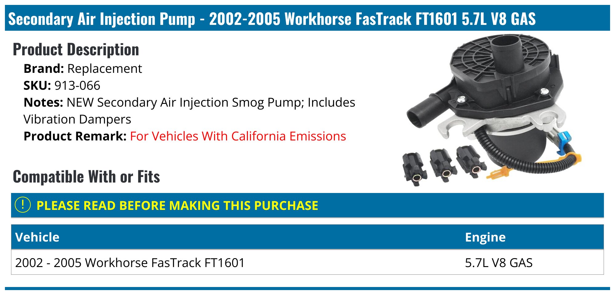 2002-2005 Workhorse FasTrack FT1601 Air Pump - Replacement 913-066 ...