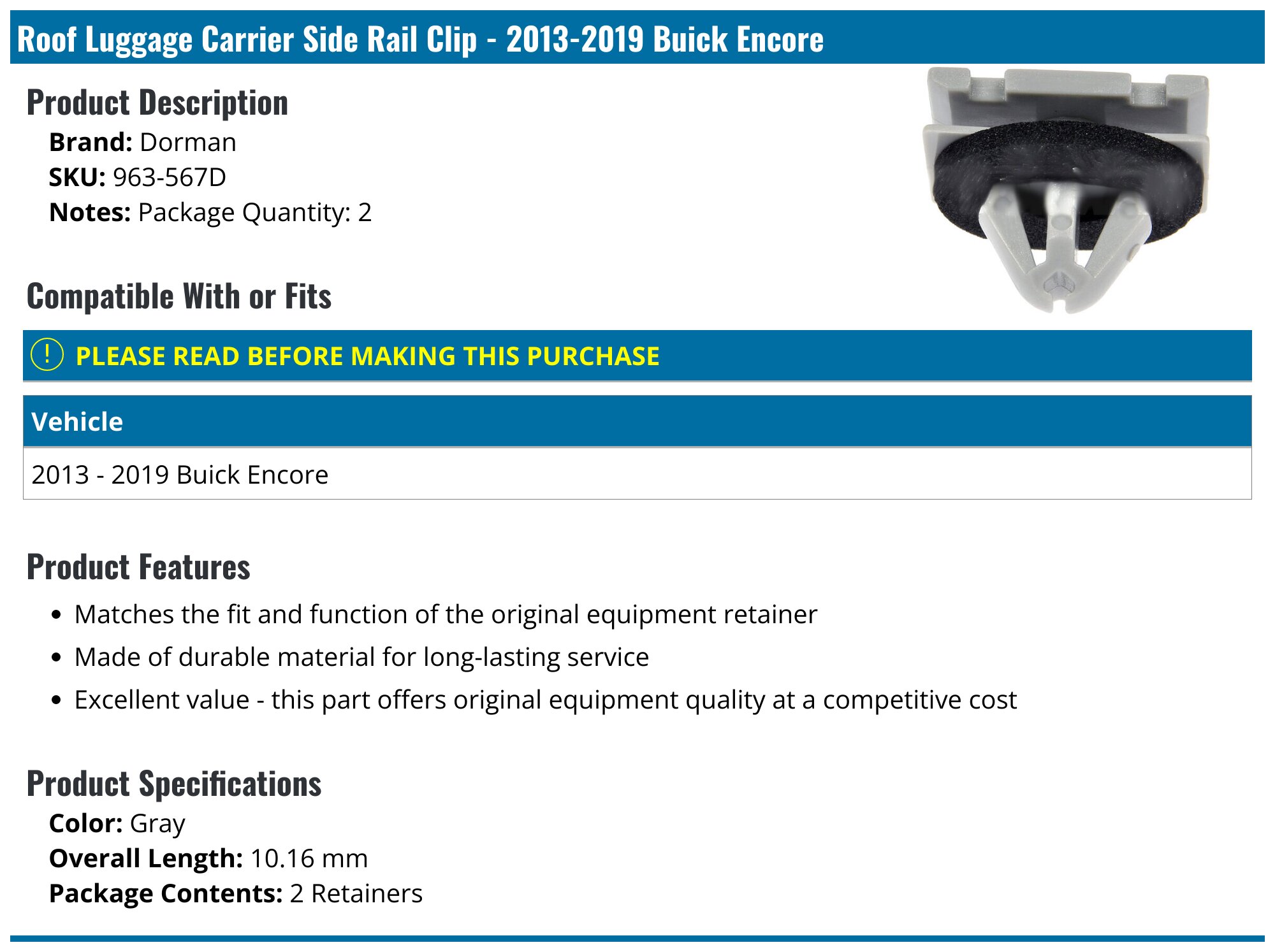 2013-2019 Buick Encore Roof Luggage Carrier Side Rail Clip - Dorman 963 ...
