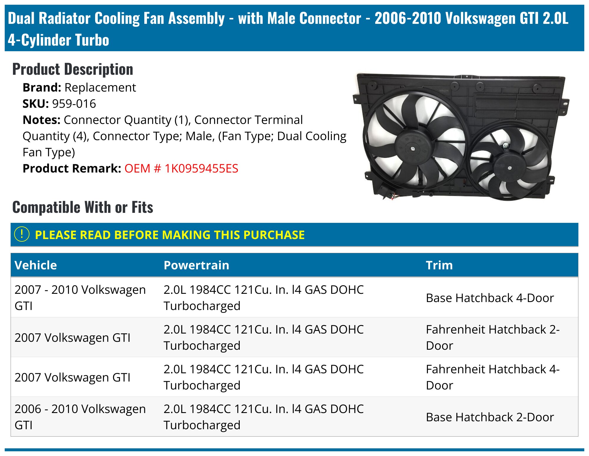 2006-2010 Volkswagen GTI Radiator Fan Assembly - Replacement 959-016 ...