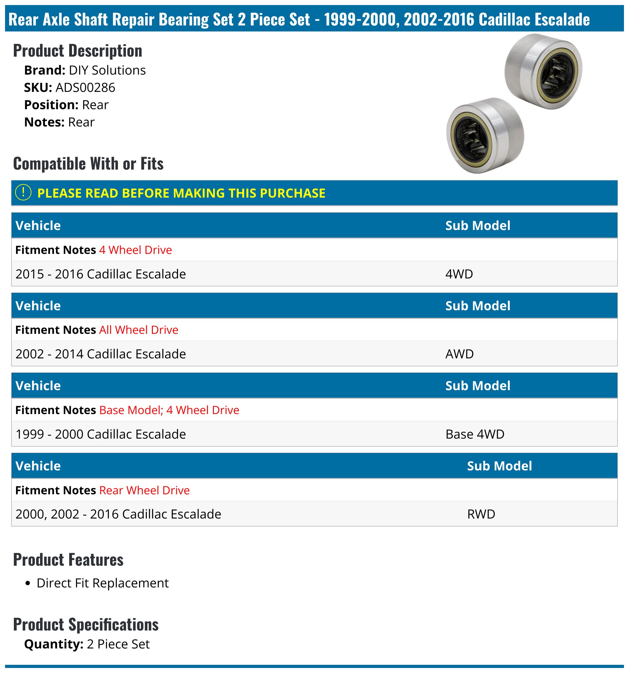 1999-2000, 2002-2016 Cadillac Escalade Axle Shaft Repair Bearing - DIY ...