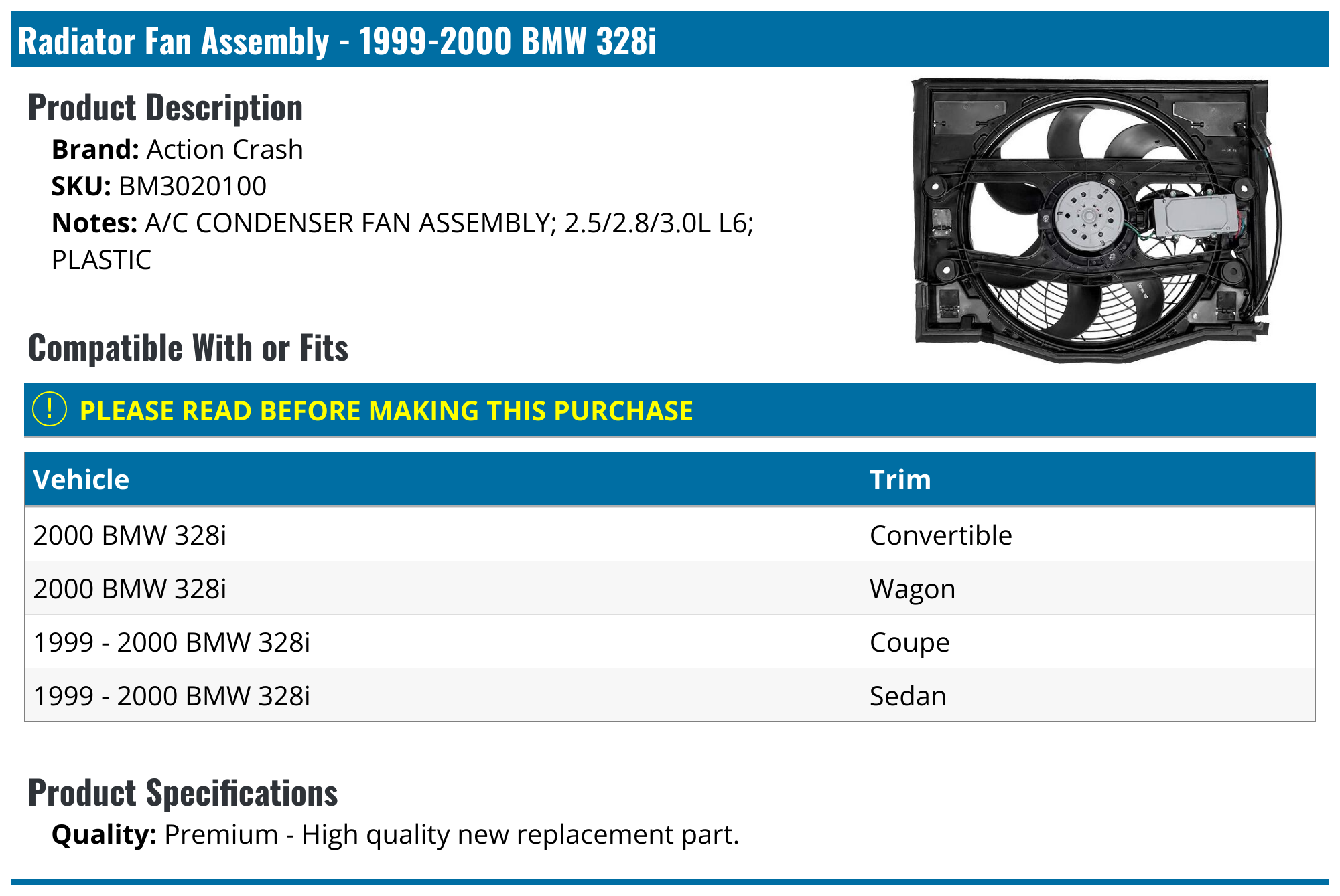 1999-2000 BMW 328i Radiator Fan Assembly - Action Crash BM3020100 ...