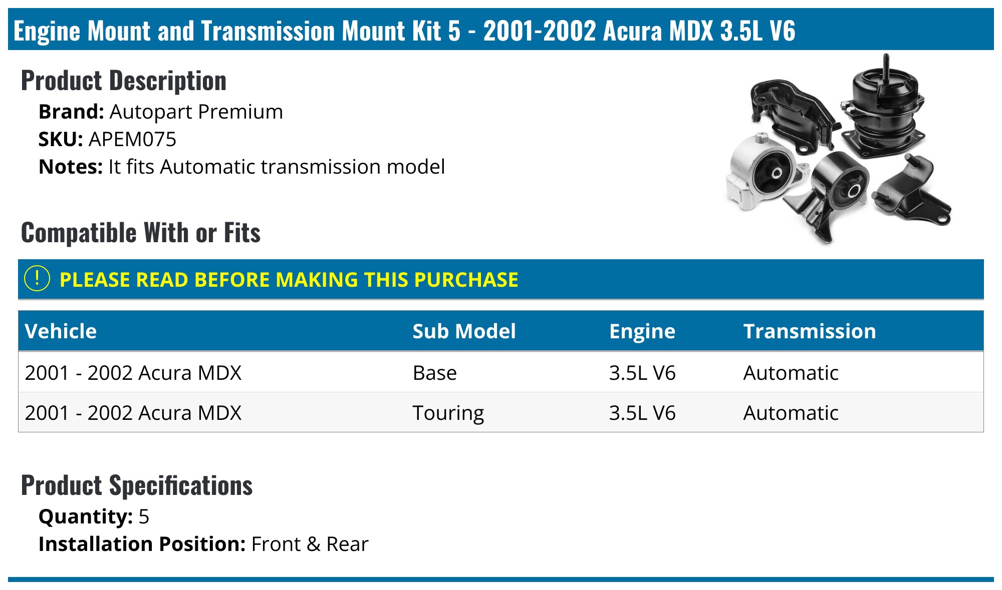 2001-2002 Acura MDX Engine Mount - Autopart Premium APEM075 - Front ...