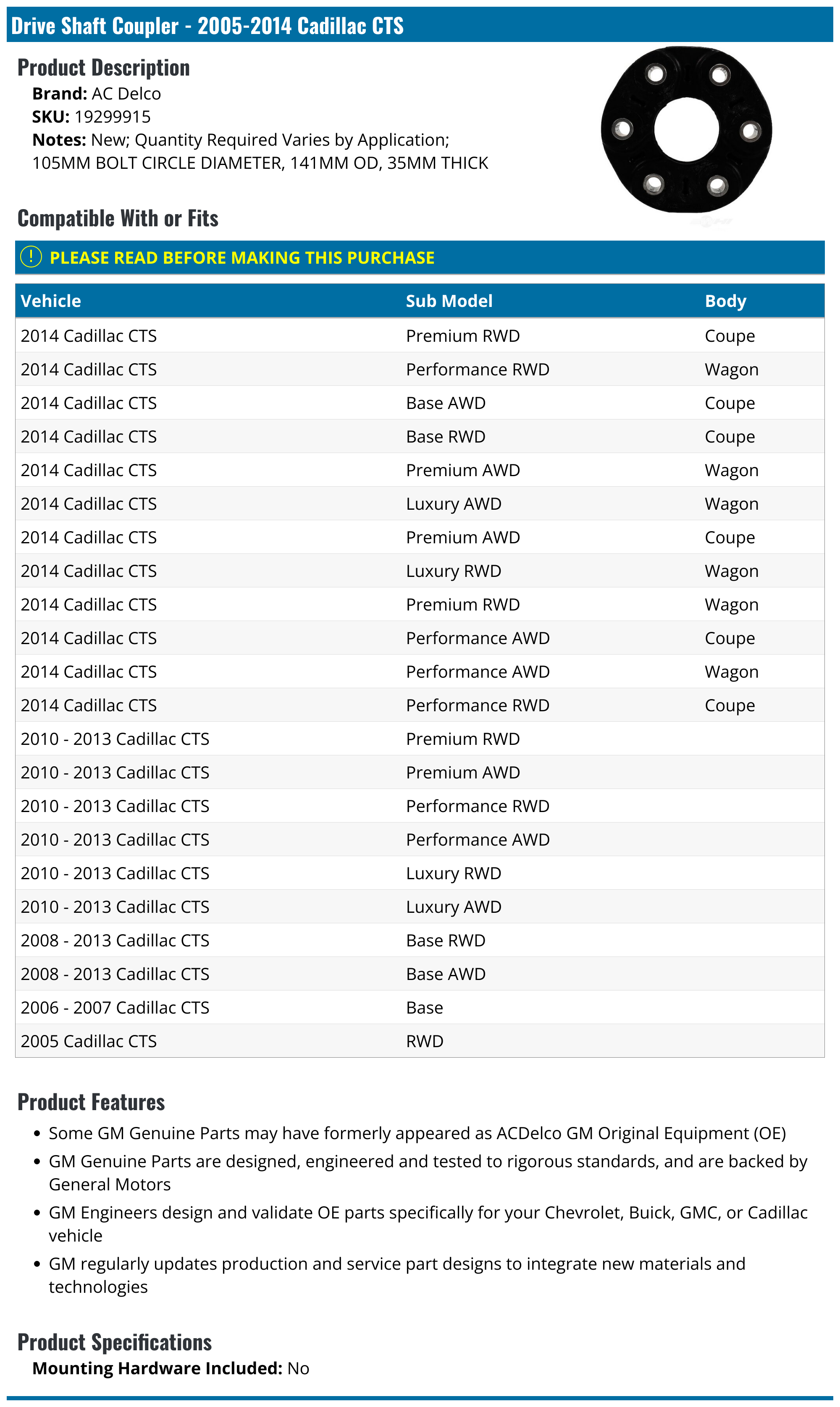 2005-2014 Cadillac CTS Drive Shaft Coupler - AC Delco 19299915 ...