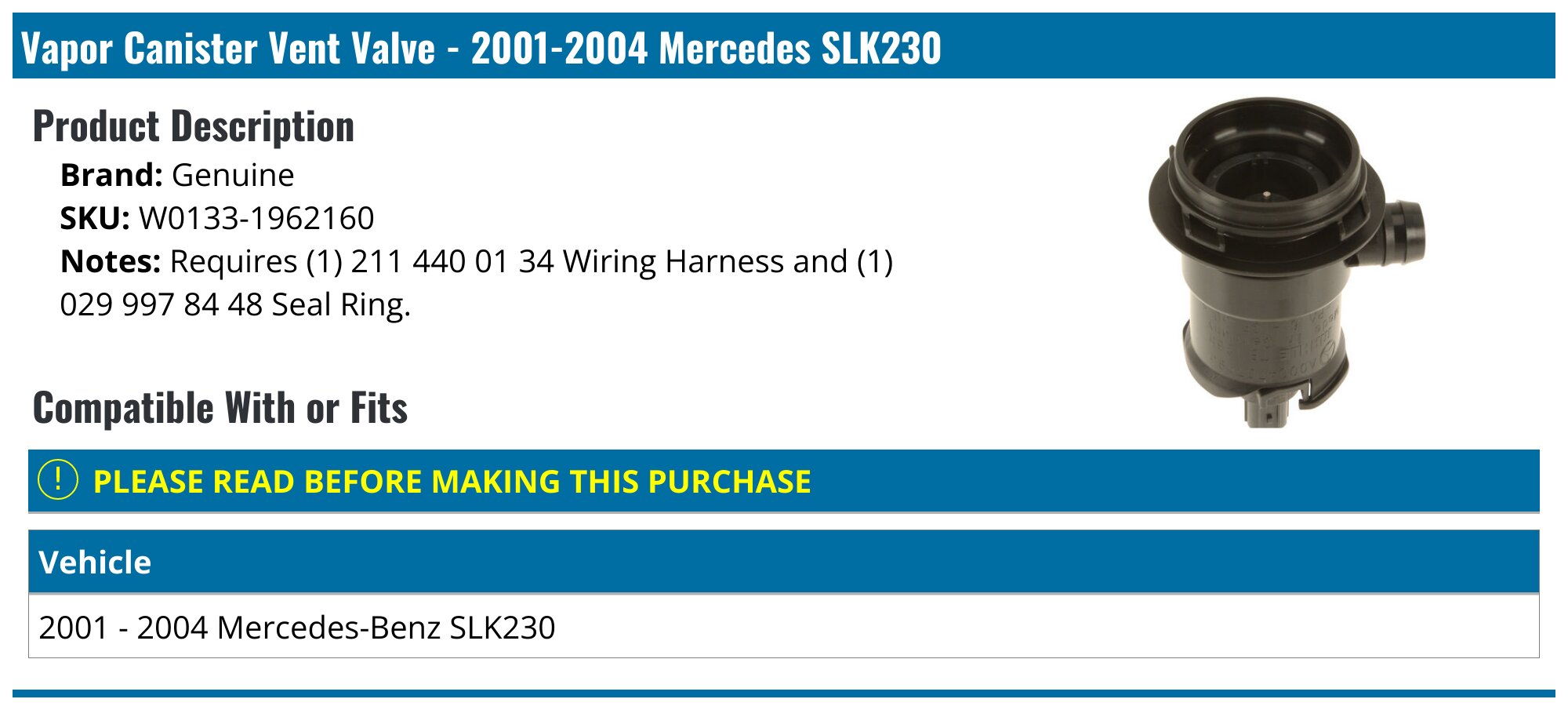 2001-2004 Mercedes SLK230 Vapor Canister Vent Valve - Genuine W0133 ...