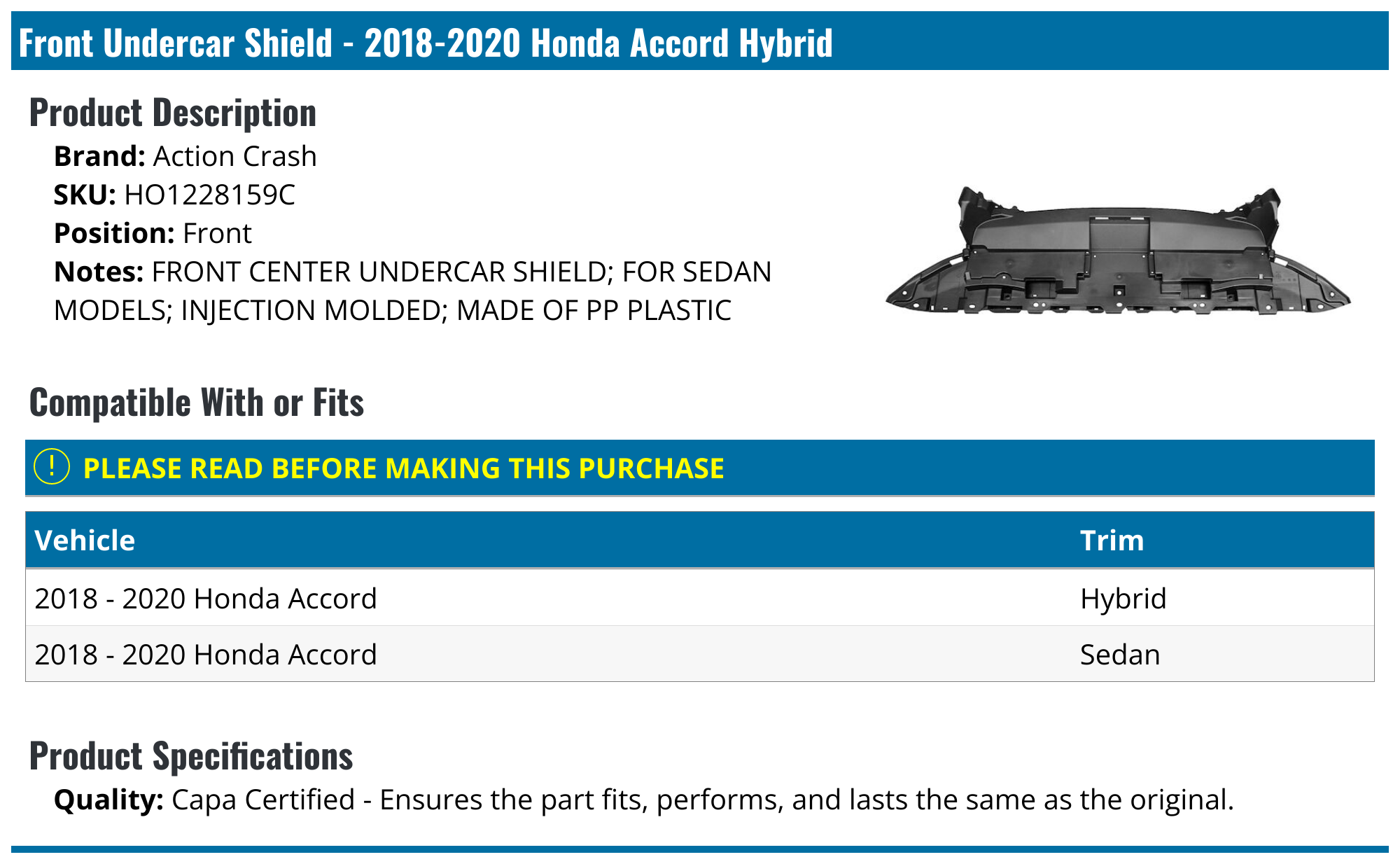 2018-2020 Honda Accord Lower Engine Cover - Action Crash HO1228159C ...