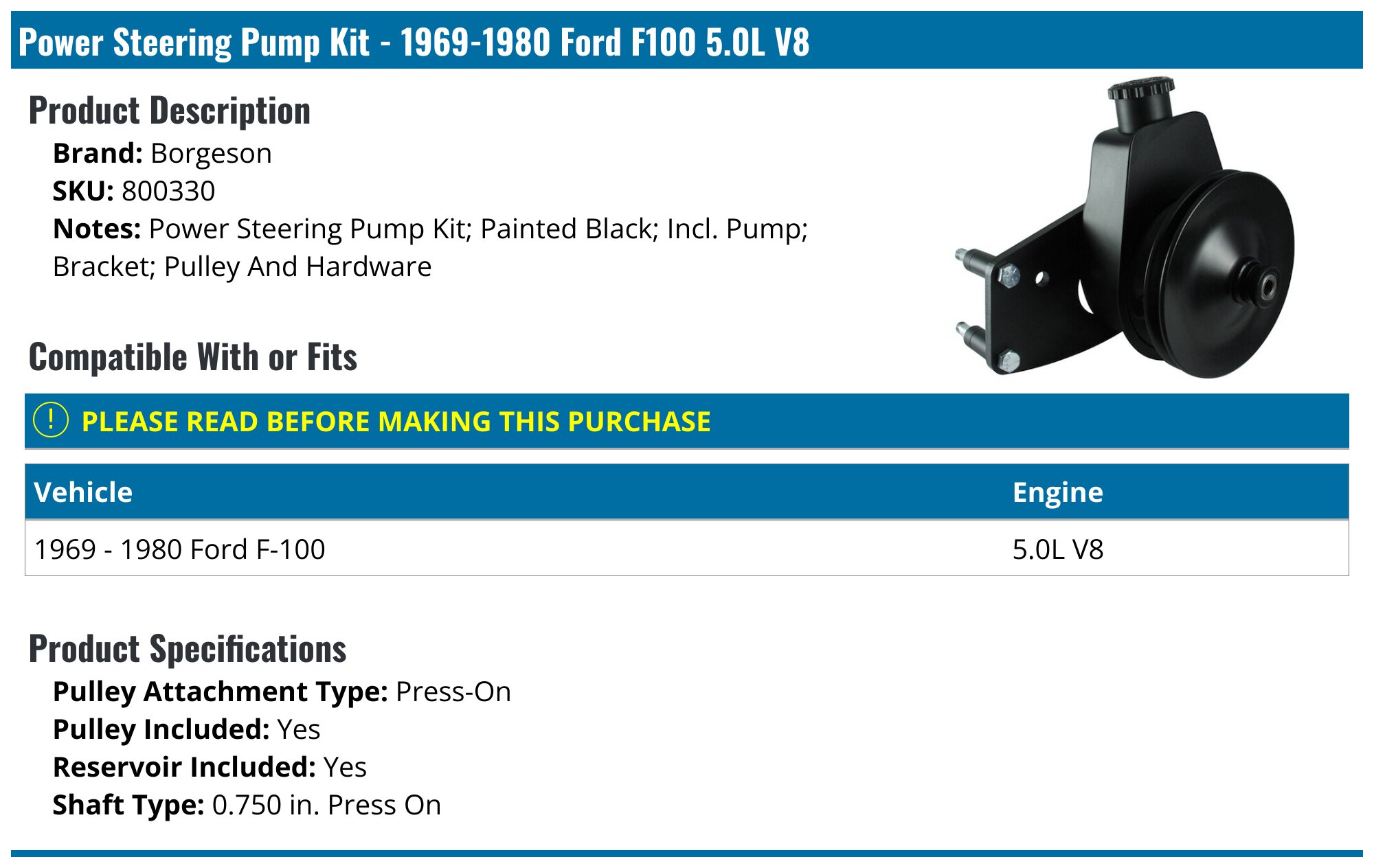 1969-1980 Ford F100 Power Steering Pump - Borgeson 800330 - PartsGeek.com