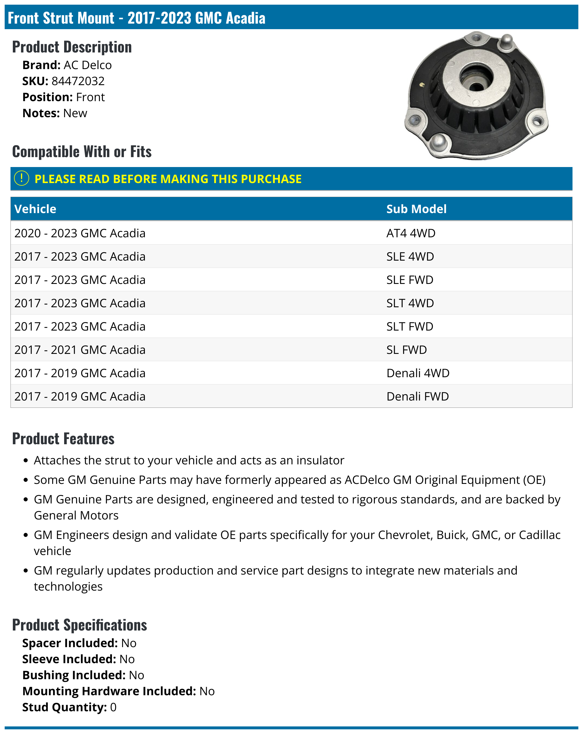 2017-2025 GMC Acadia Strut Mount - AC Delco 84472032 - Front ...