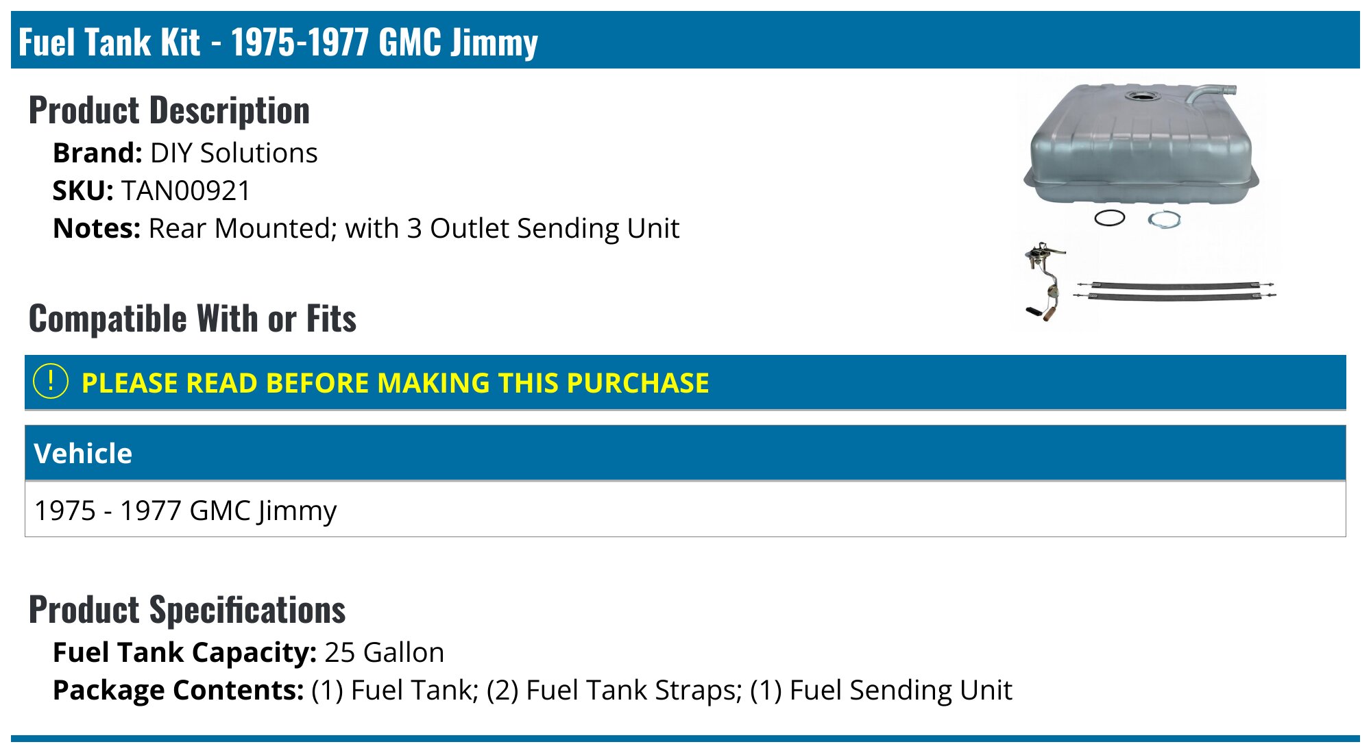 1975-1977 GMC Jimmy Fuel Tank - DIY Solutions TAN00921 - PartsGeek.com