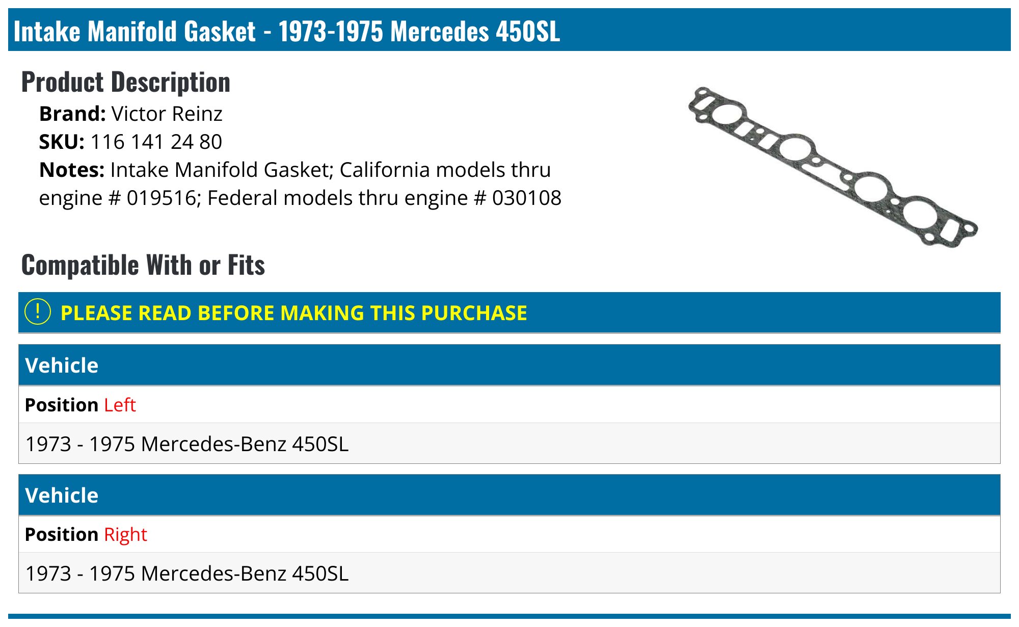 1973-1975 Mercedes 450SL Intake Manifold Gasket - Victor Reinz 116 141 ...