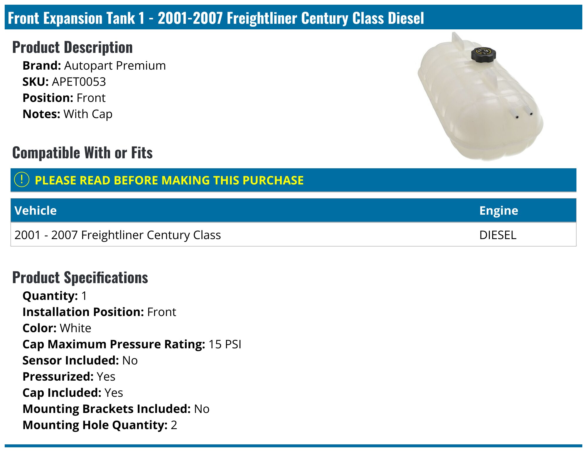 2001-2007 Freightliner Century Class Expansion Tank - Autopart Premium ...