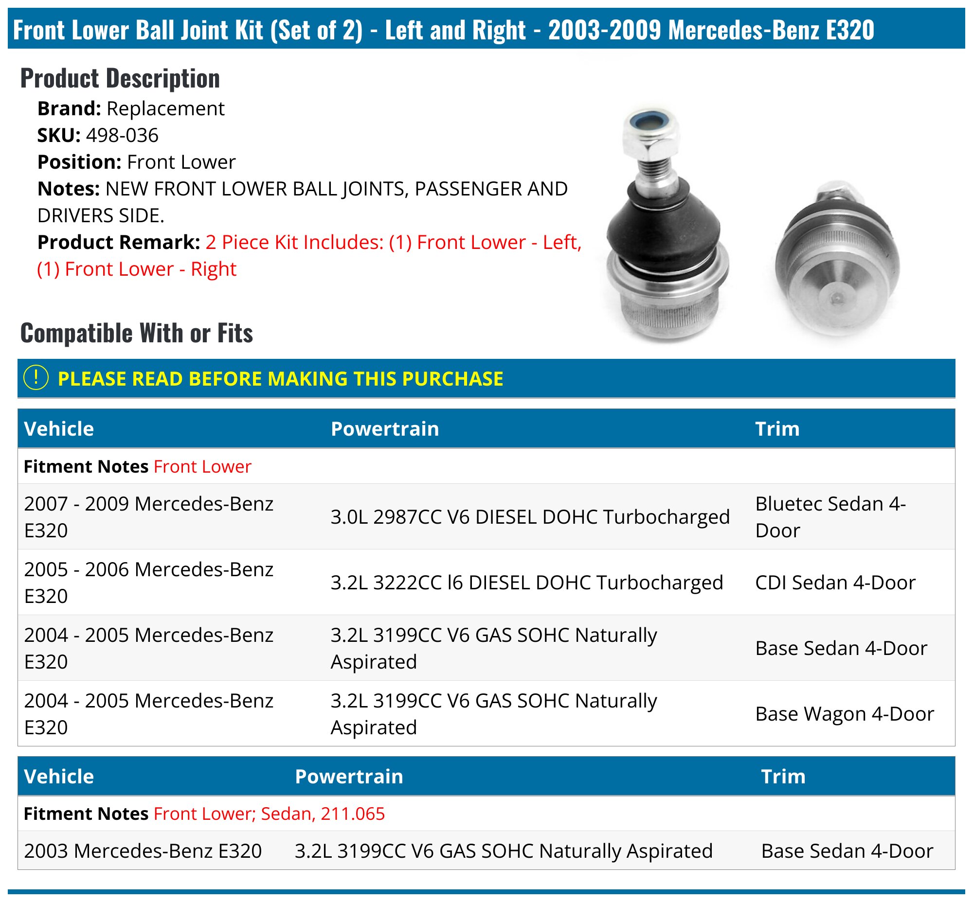 2003-2009 Mercedes E320 Ball Joint - Replacement 498-036 - Front Lower ...