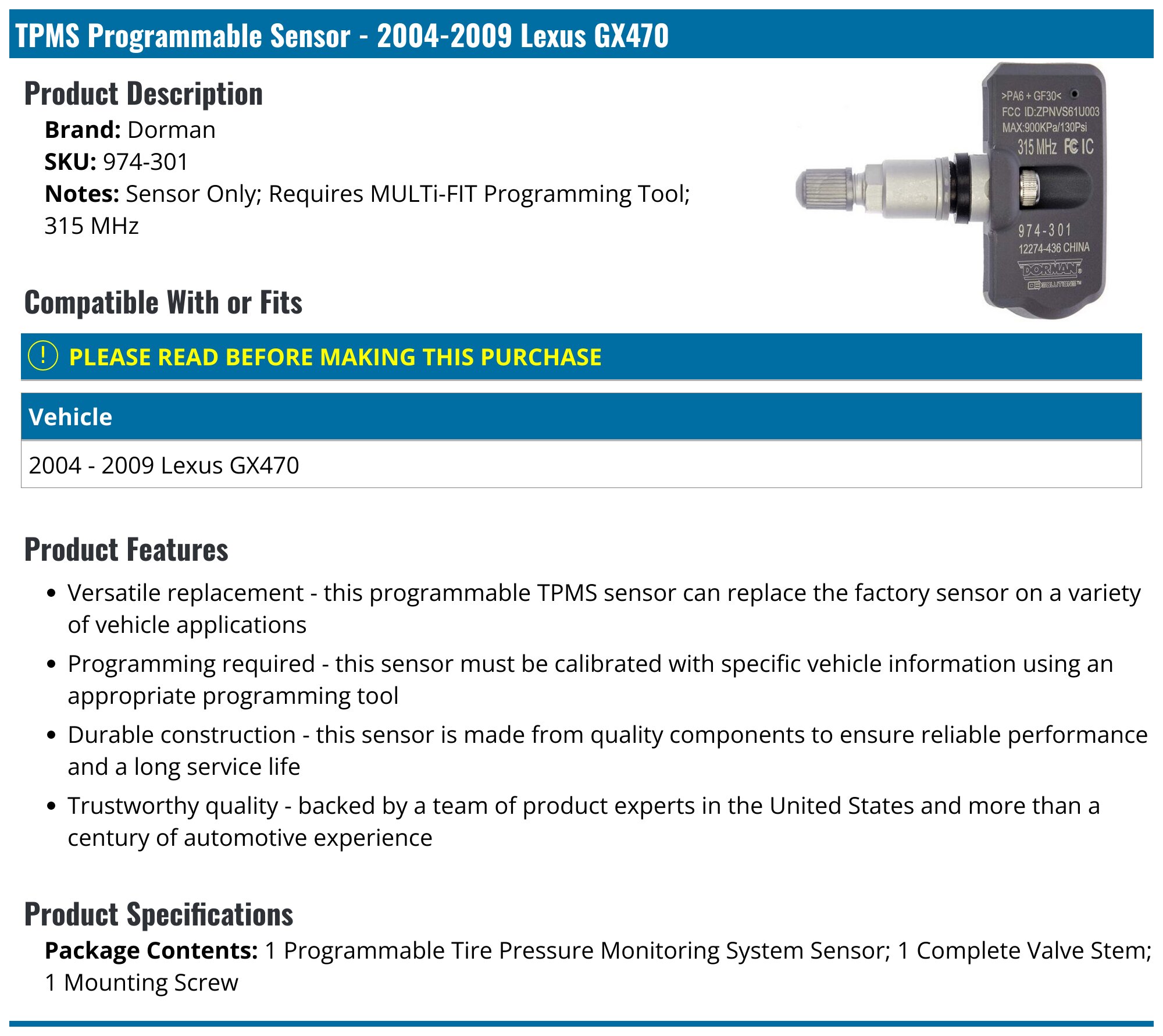 2004-2009 Lexus GX470 Tire Pressure Monitoring Sensor - Dorman 974-301 ...