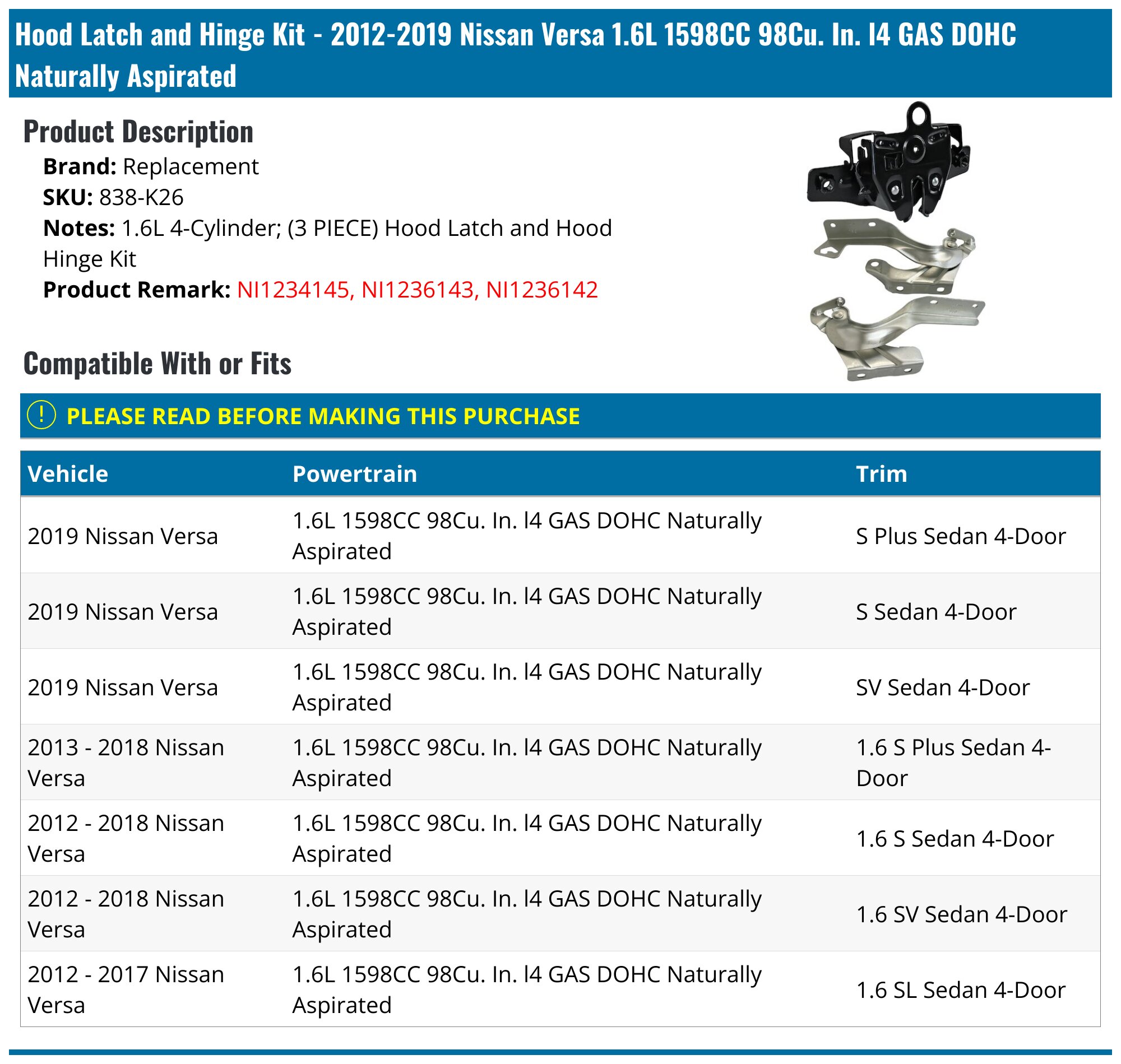 2012-2019 Nissan Versa Hood Latch - Replacement 838-K26 - PartsGeek.com