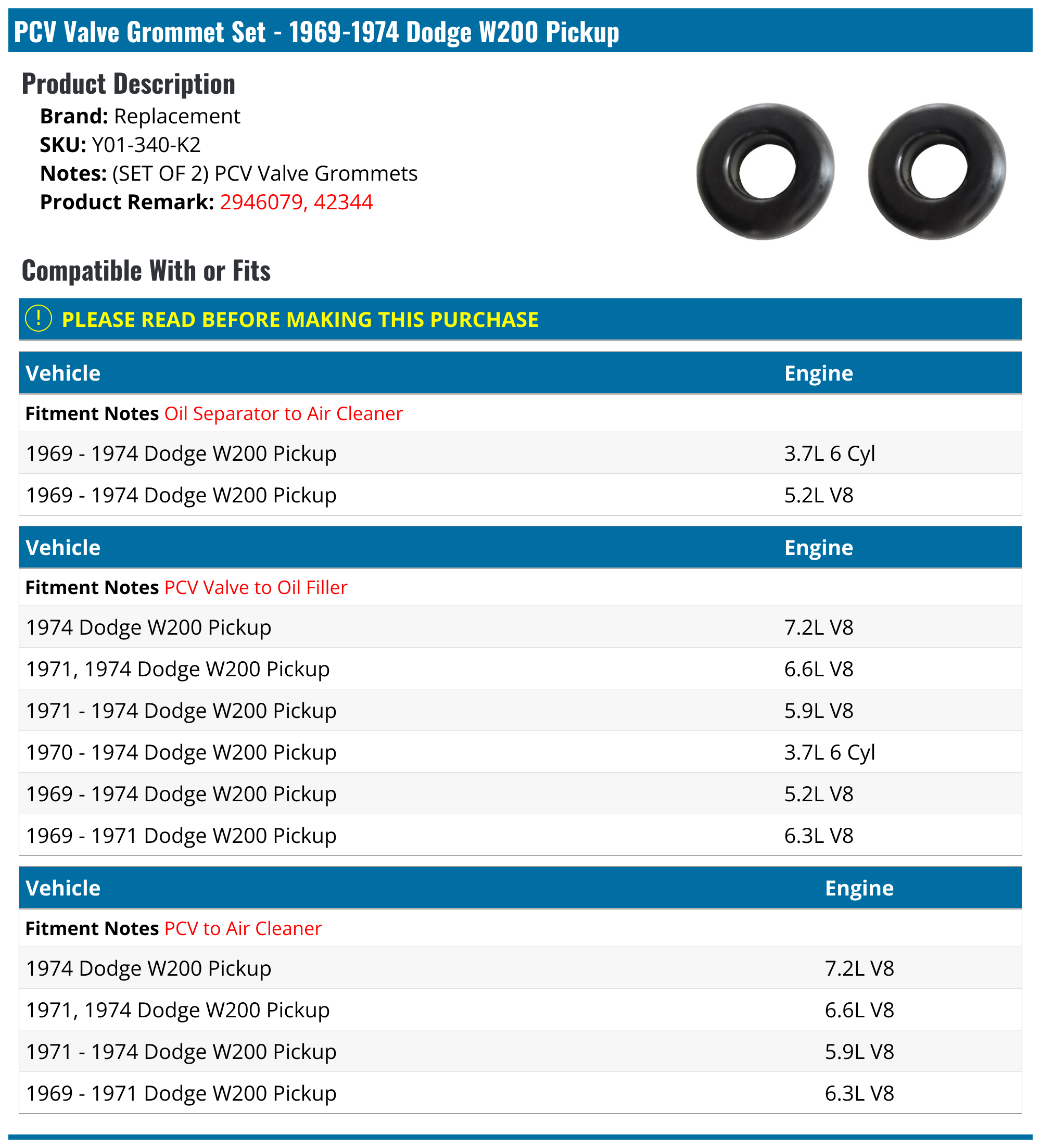 1969-1974 Dodge W200 Pickup PCV Valve Grommet - Replacement Y01-340-K2 ...