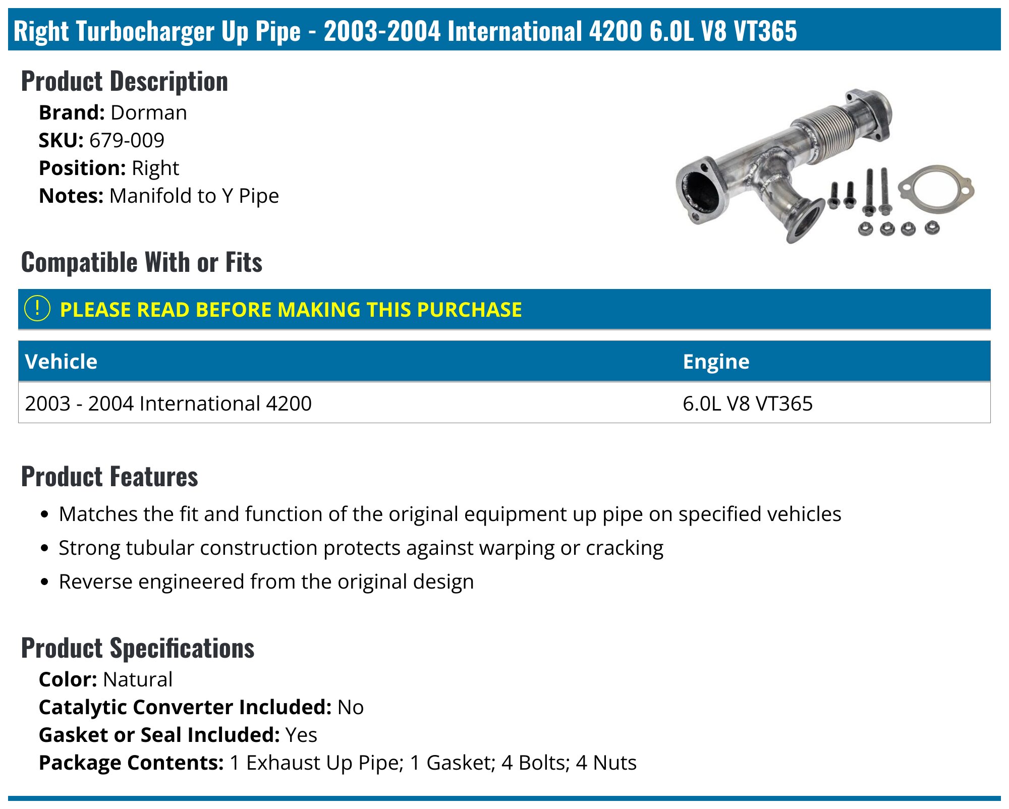 2003-2004 International 4200 Turbocharger Up Pipe - Dorman 679-009 ...