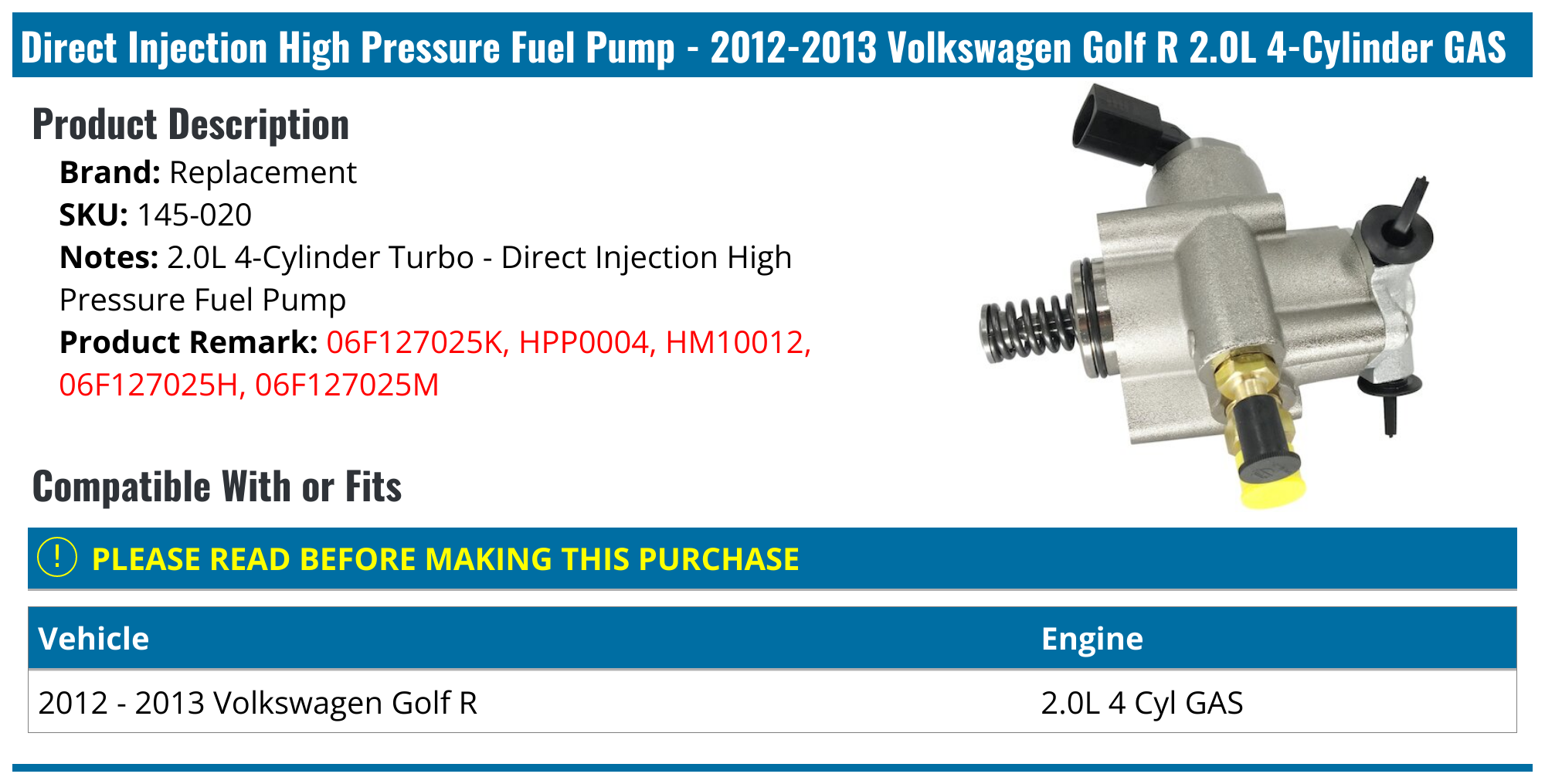 2012-2013 Volkswagen Golf R Fuel Pump - Replacement 145-020 - PartsGeek.com
