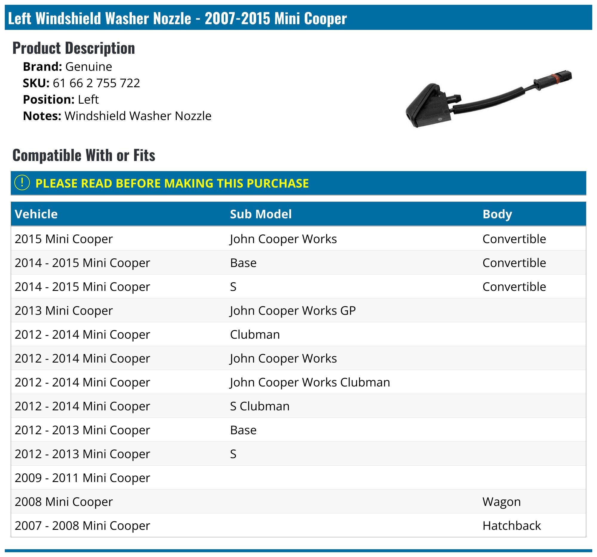 2007-2015 Mini Cooper Windshield Washer Nozzle - Genuine 61 66 2 755 ...