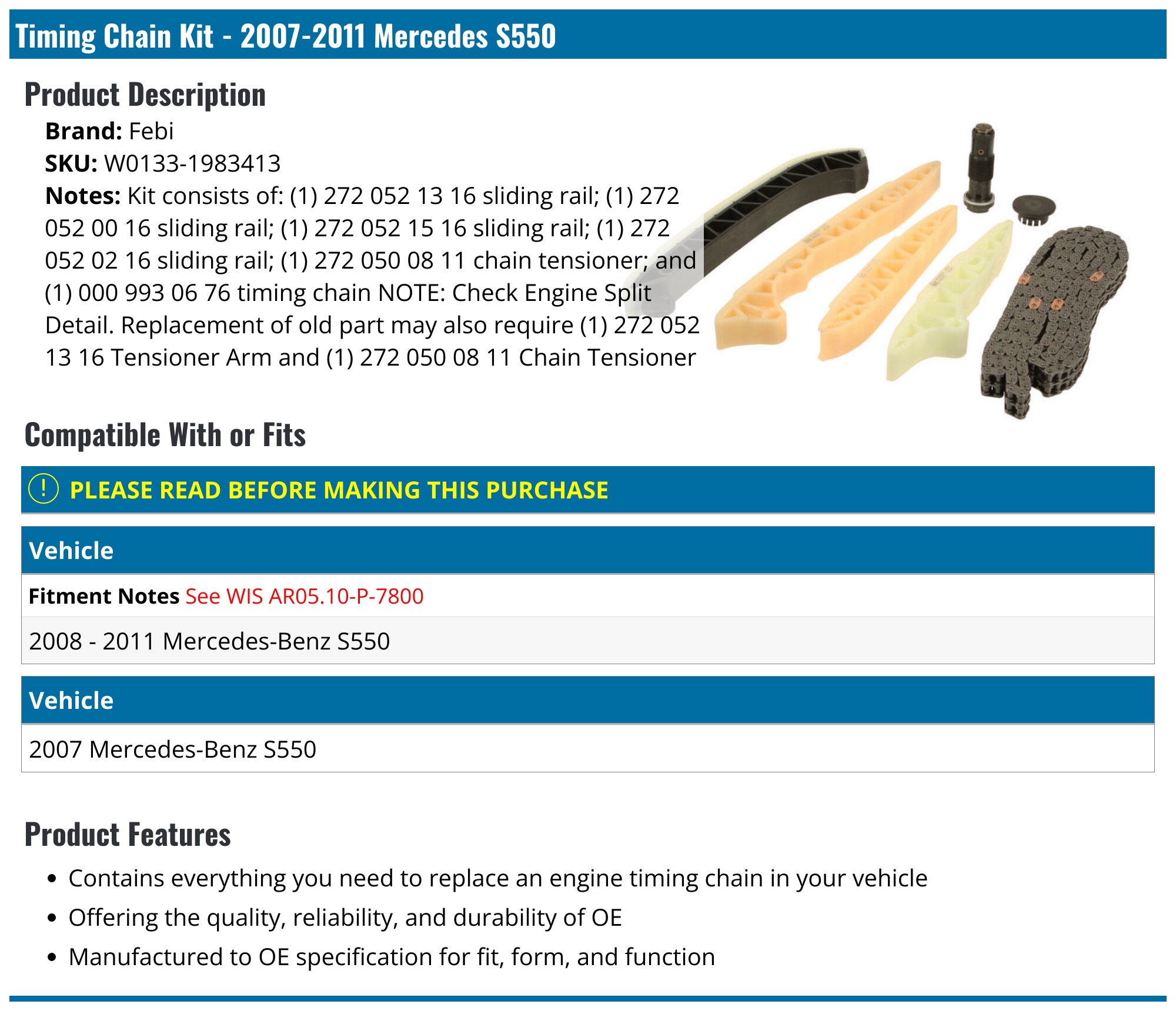 2007-2011 Mercedes S550 Timing Chain - Febi W0133-1983413 - PartsGeek.com