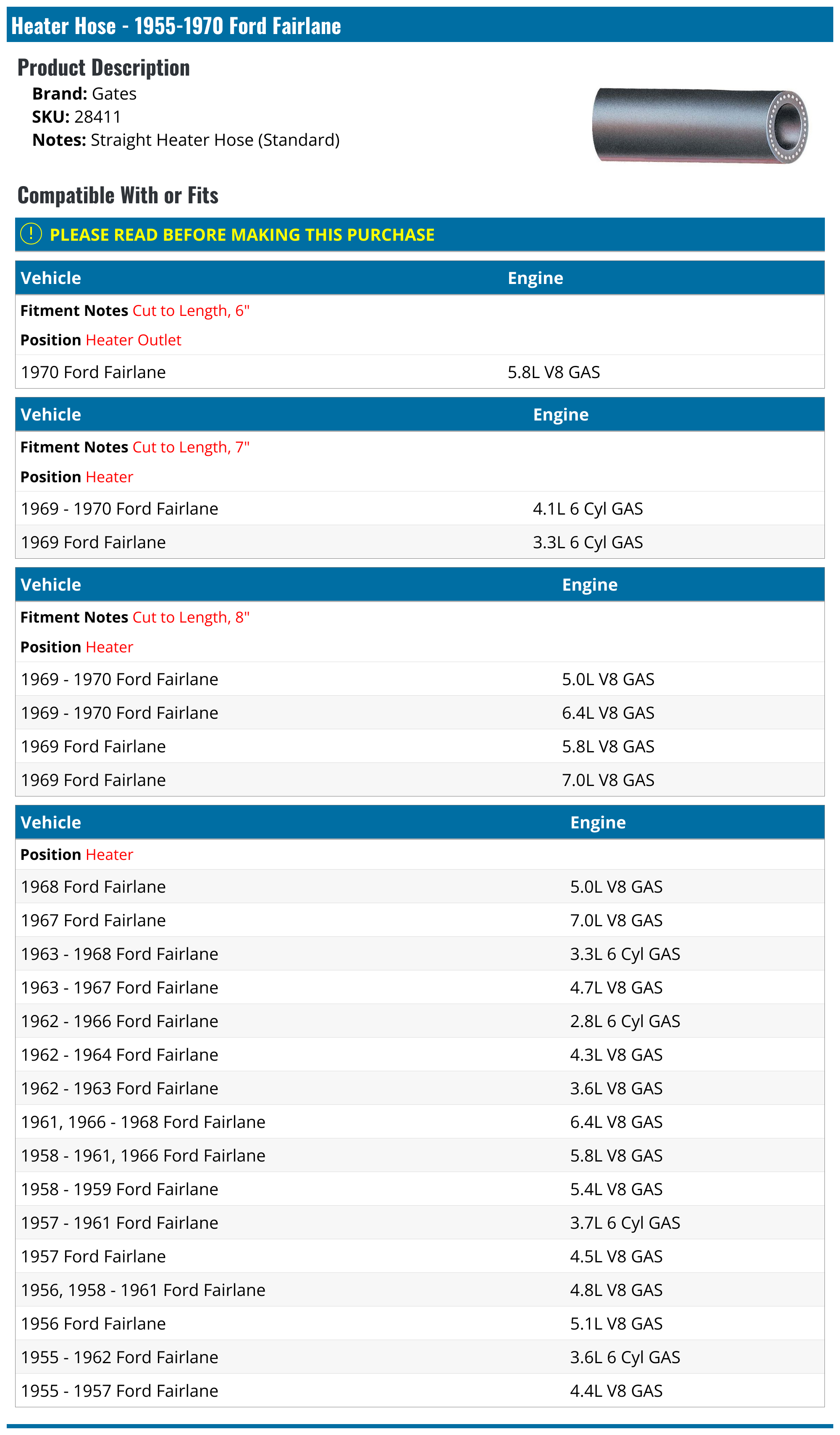 1955-1970 Ford Fairlane Heater Hose - Gates 28411 - Heater - PartsGeek.com