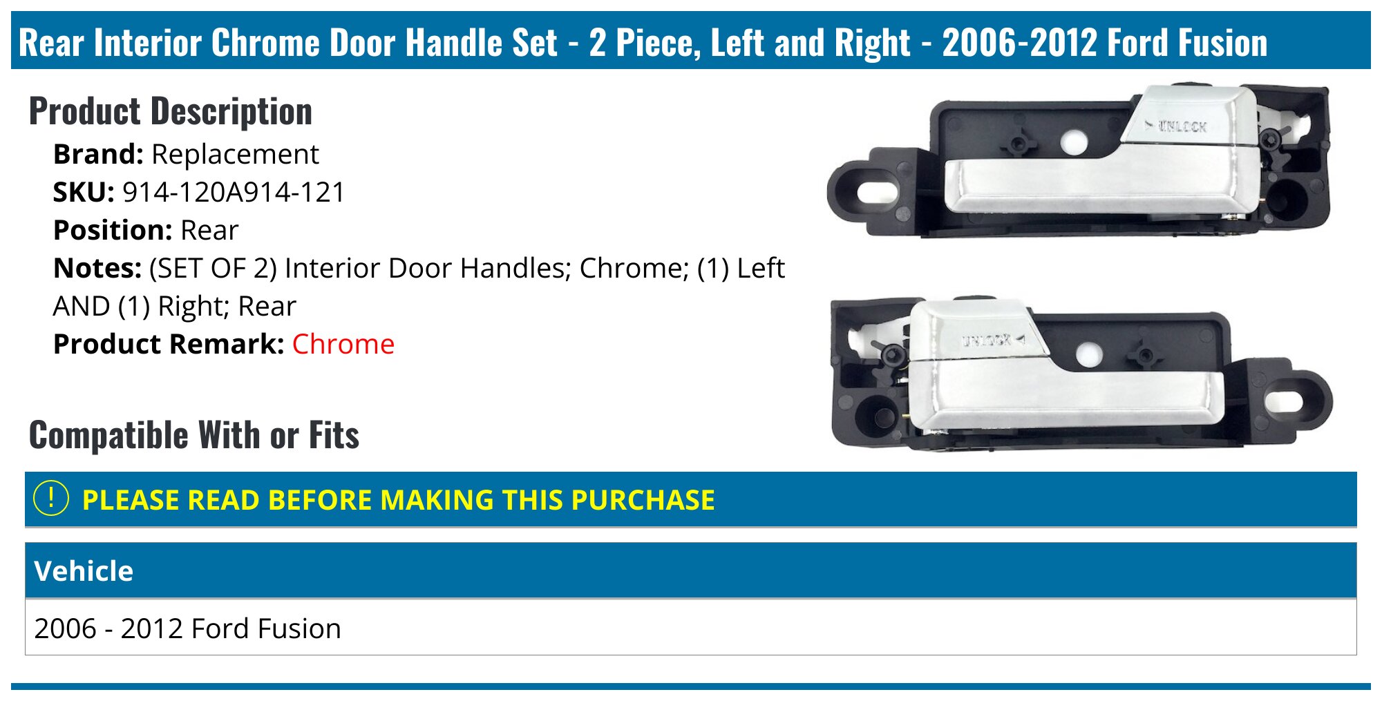 2006-2012 Ford Fusion Door Handle - Replacement 914-120A914-121 - Rear ...