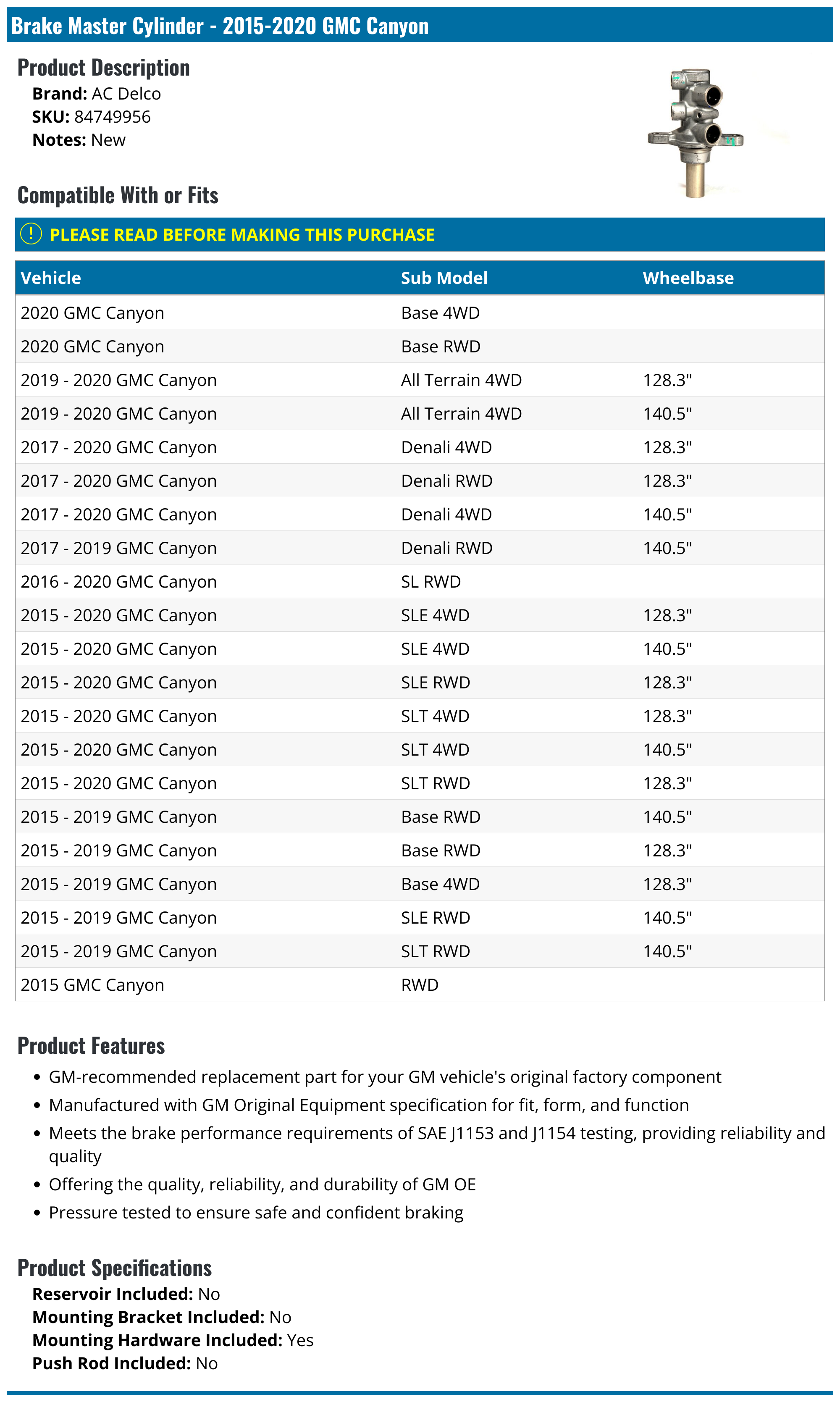 2015-2020 GMC Canyon Brake Master Cylinder - AC Delco 84749956 ...