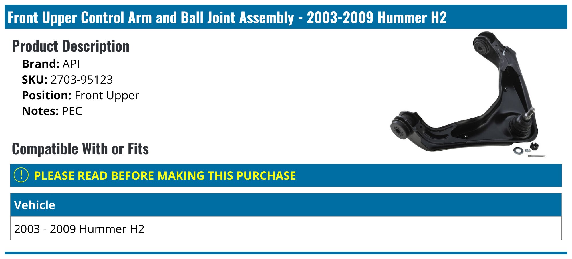 2003-2009 Hummer H2 Control Arm - API 18596-07881042 - Front Upper ...