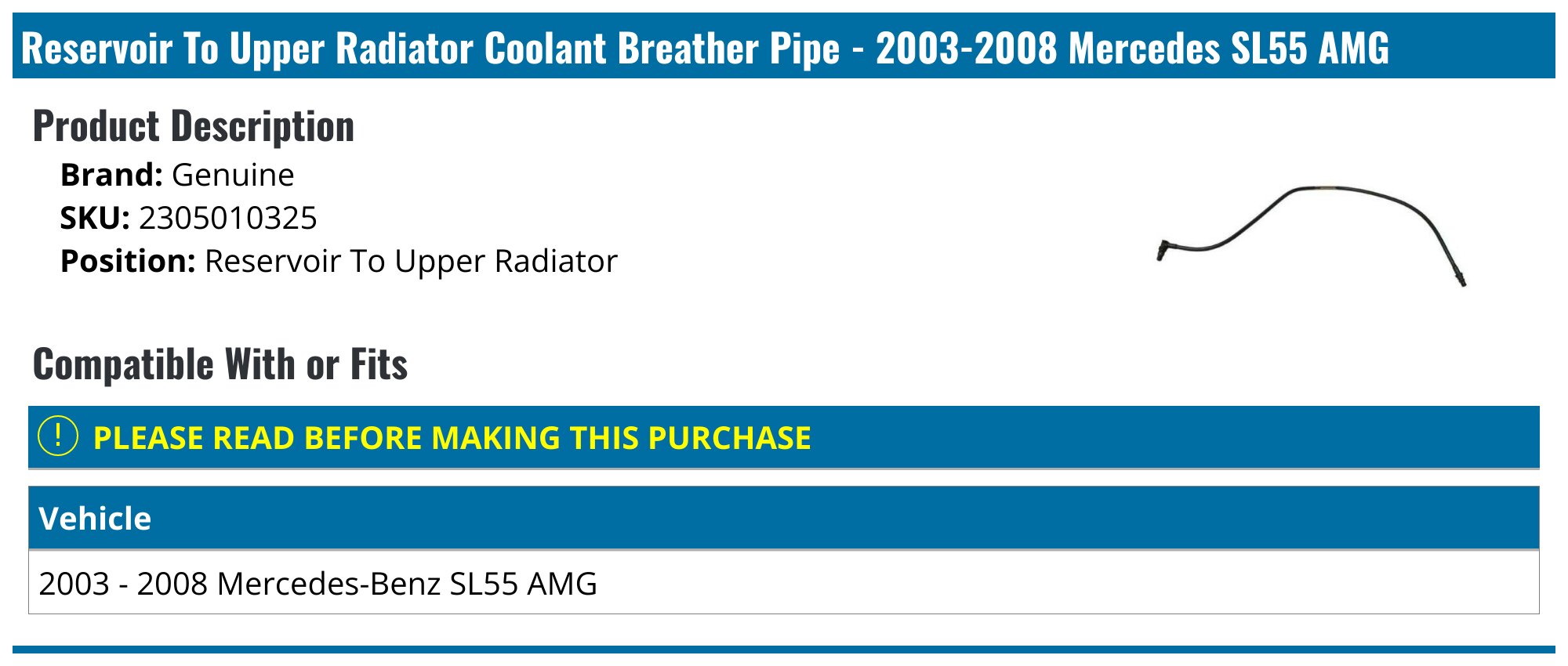2003-2008 Mercedes SL55 AMG Coolant Breather Pipe - Genuine 2305010325 ...