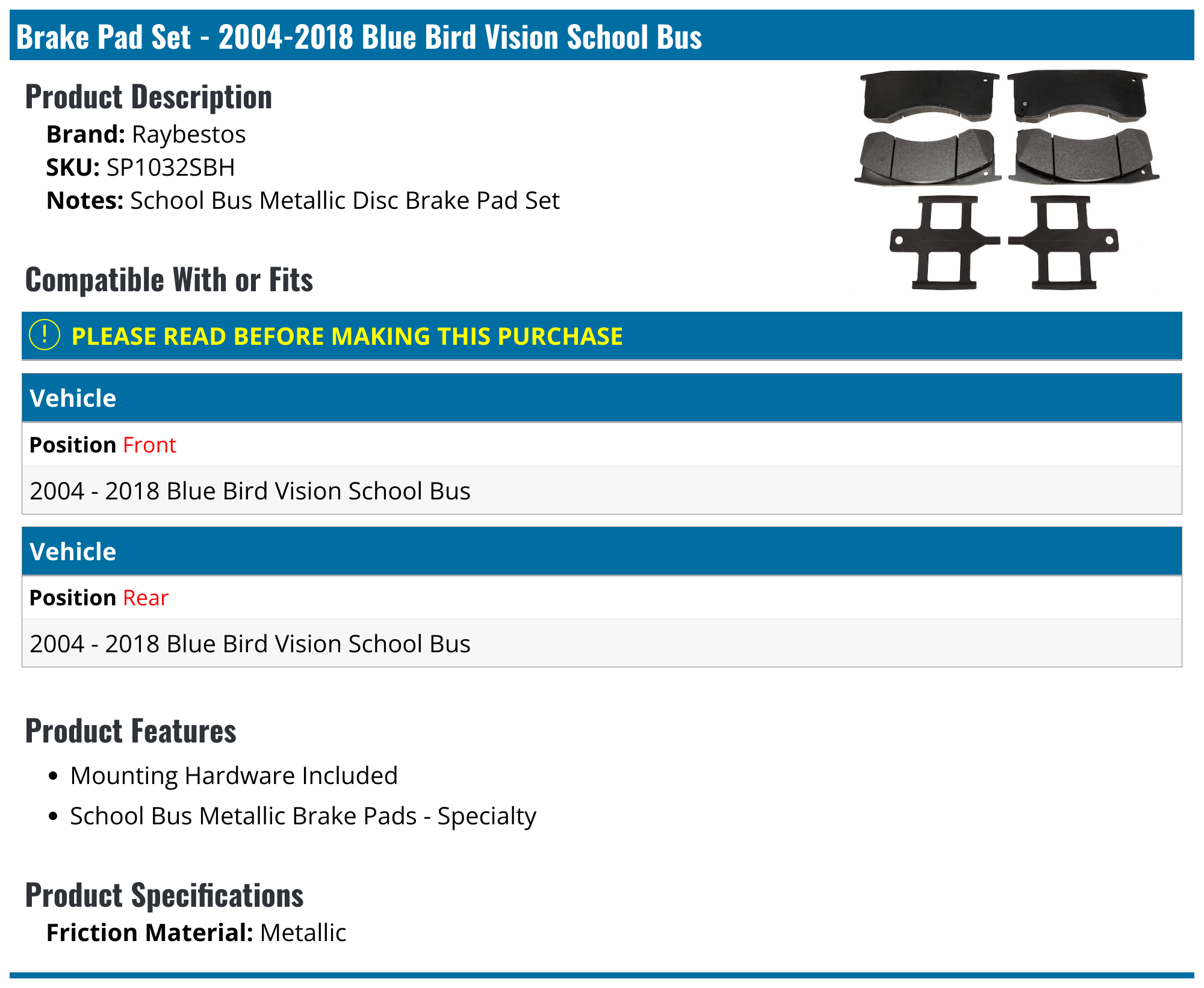 2004-2018 Blue Bird Vision School Bus Brake Pad Set - Raybestos ...