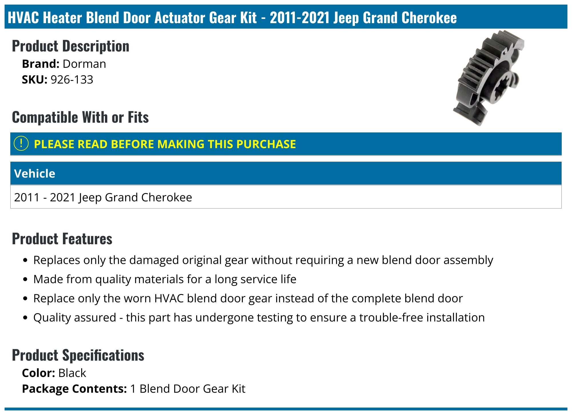 2011-2021 Jeep Grand Cherokee HVAC Heater Blend Door Actuator Gear Kit ...