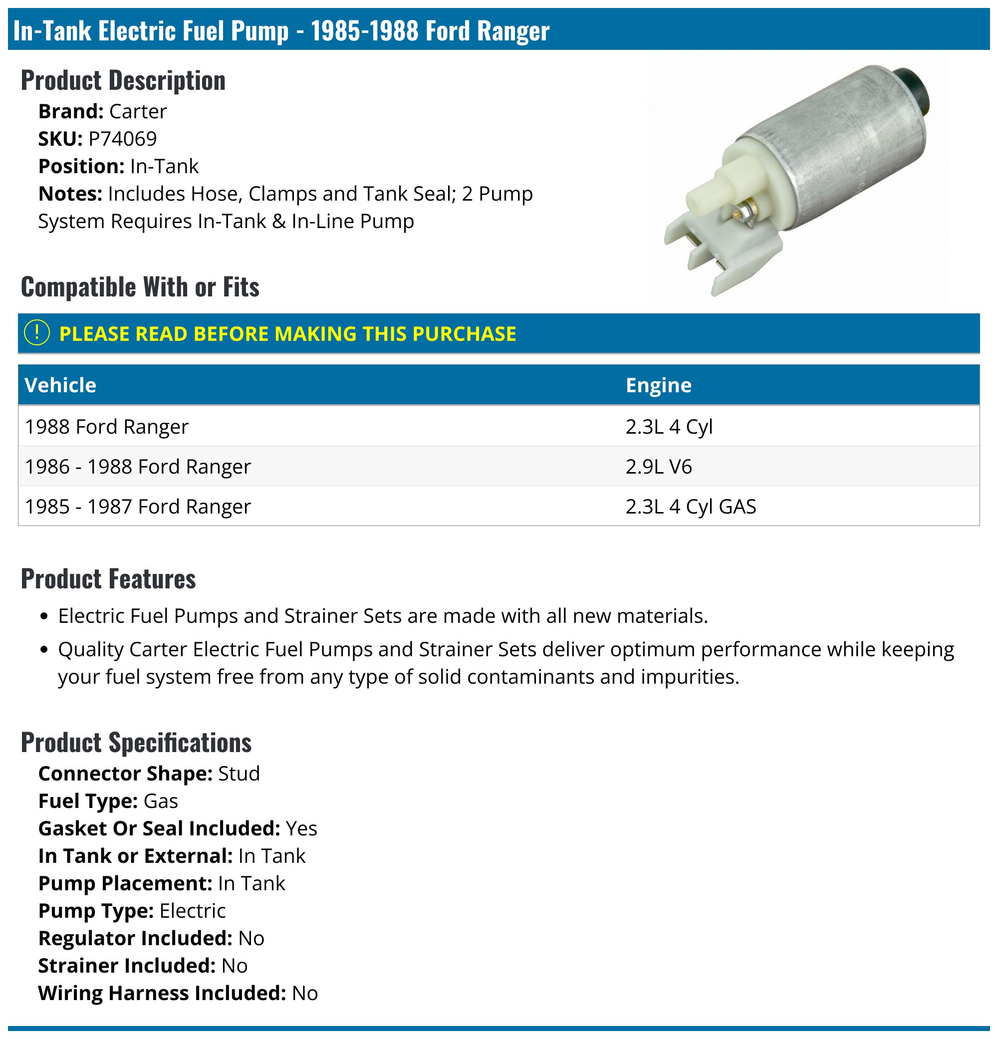 1985-1988 Ford Ranger Fuel Pump - Carter P74069 - In-Tank - PartsGeek.com