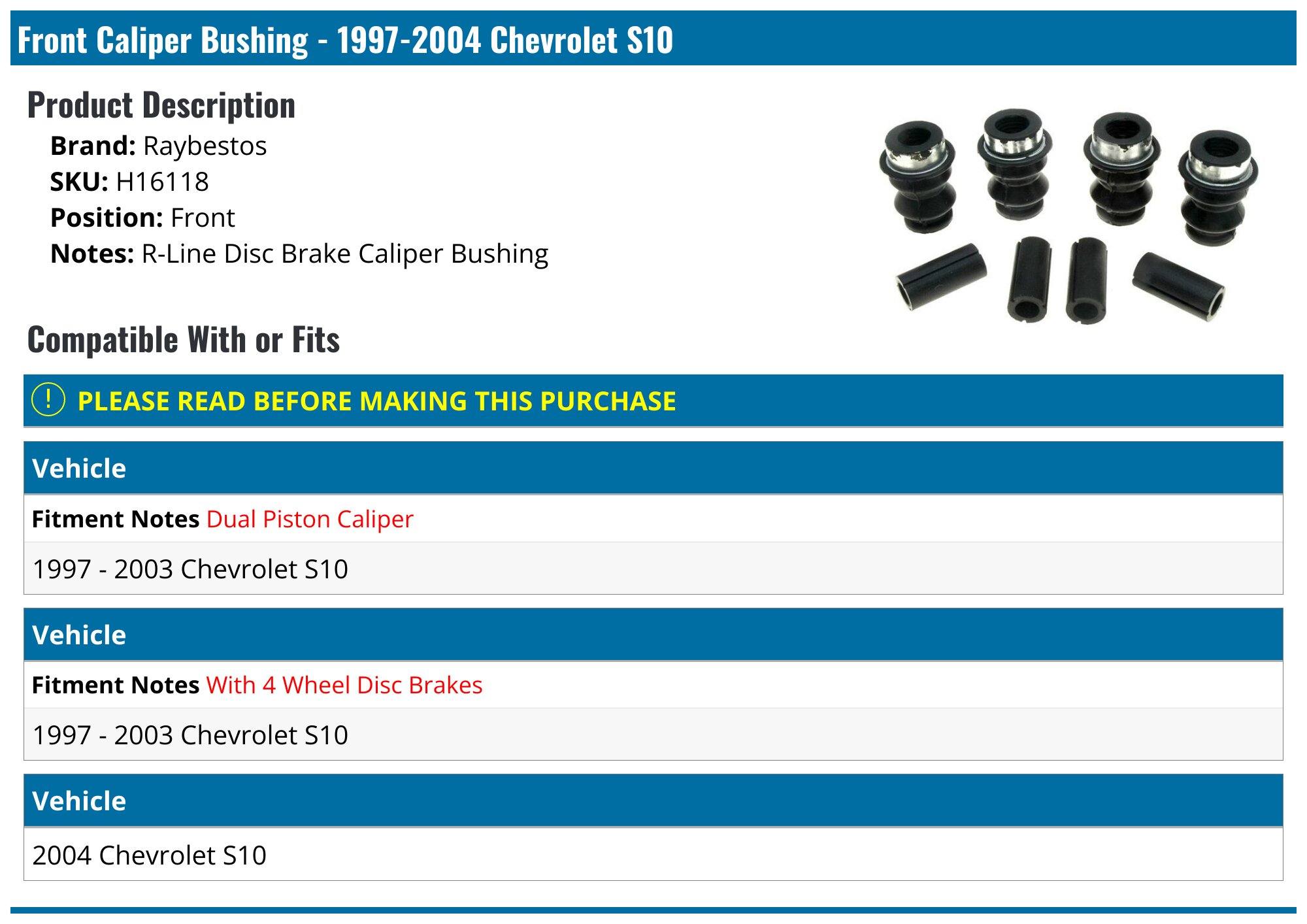 1997-2004 Chevrolet S10 Caliper Bushing - Raybestos H16118 - Front ...